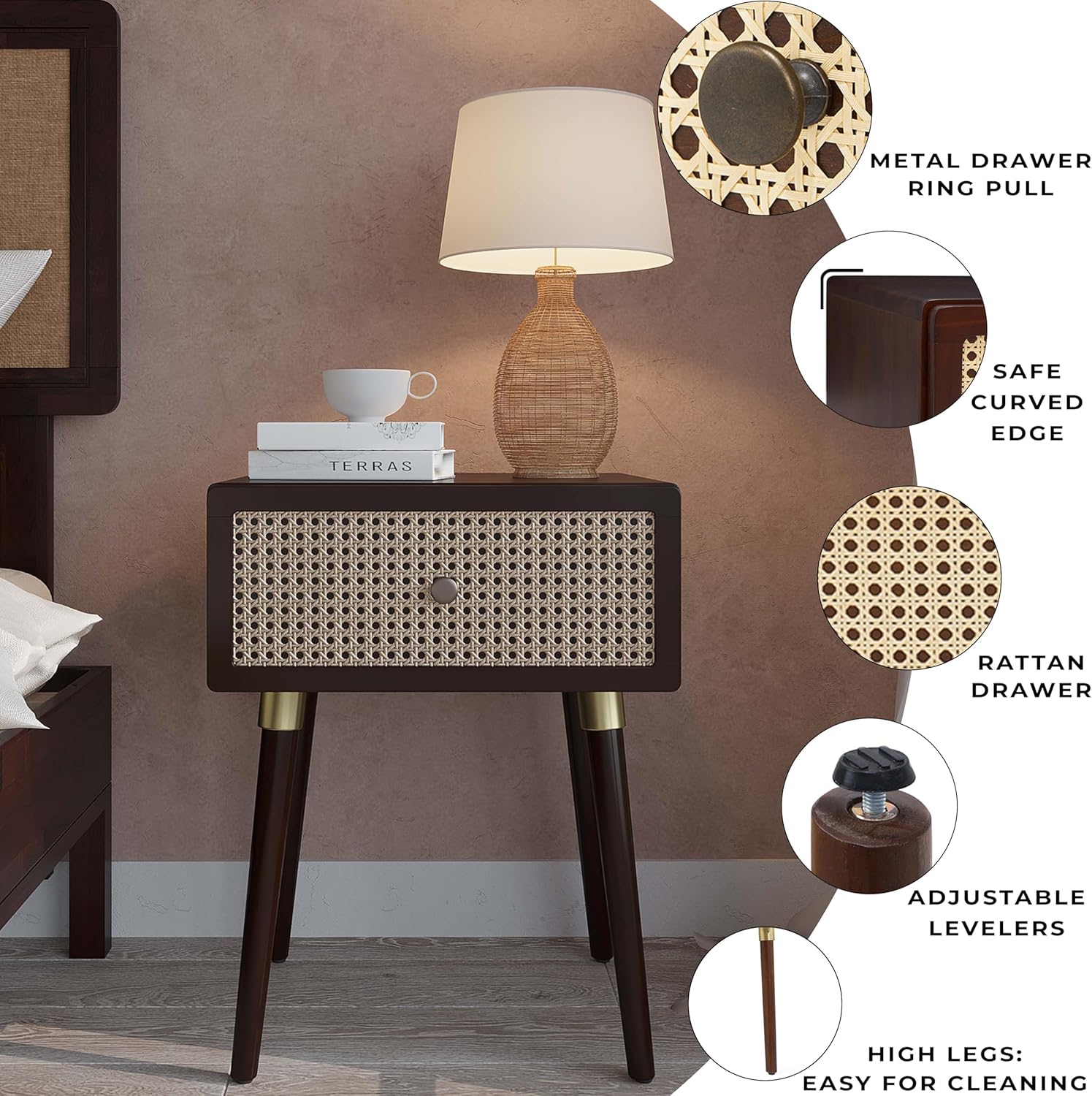 Amazon.com: Bme Nipe Rattan Solid Wood Nightstand Fully Assembled Boho Accent End, Vintage Side ...