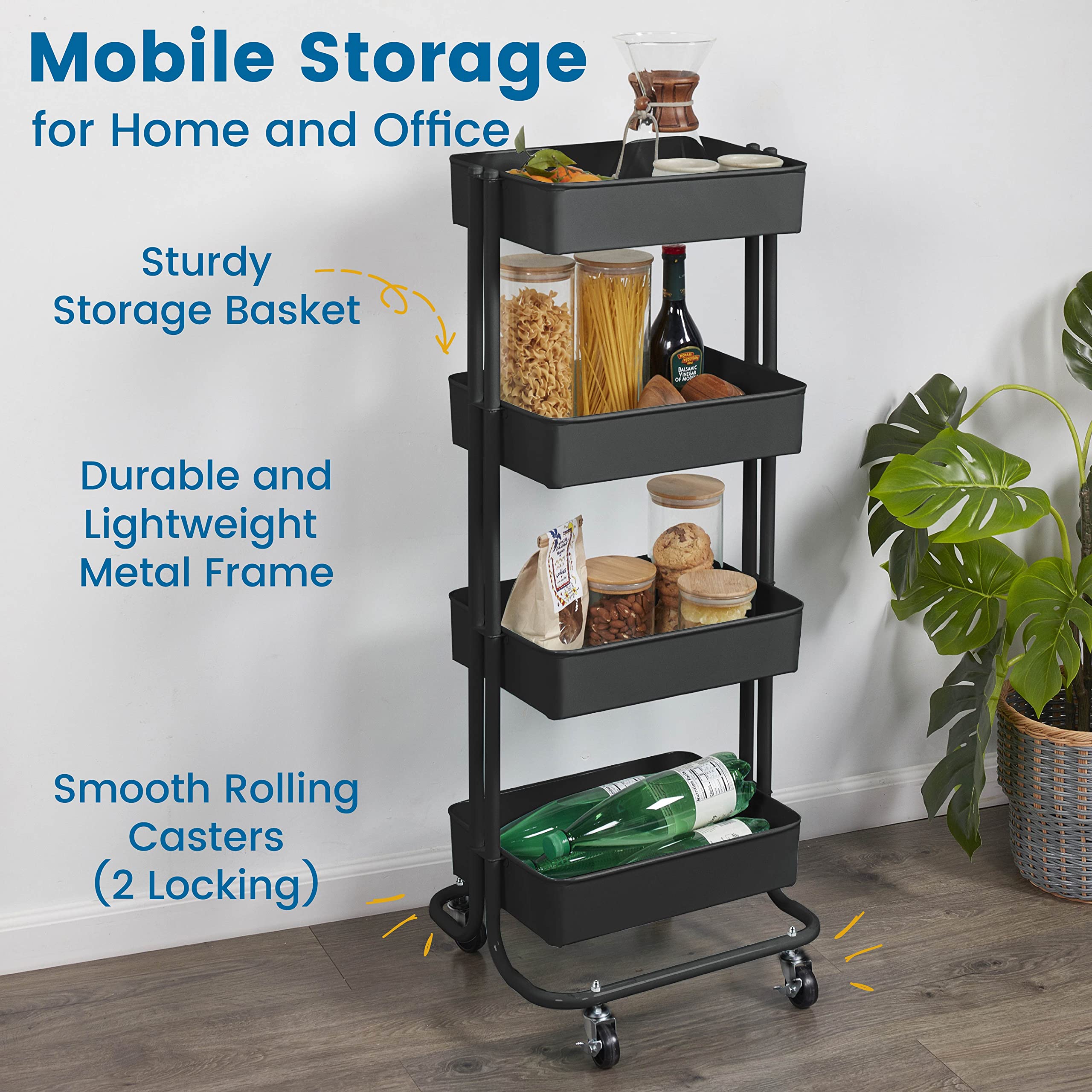 ECR4Kids 4-Tier Metal Rolling Utility Cart, Multipurpose Storage, Black