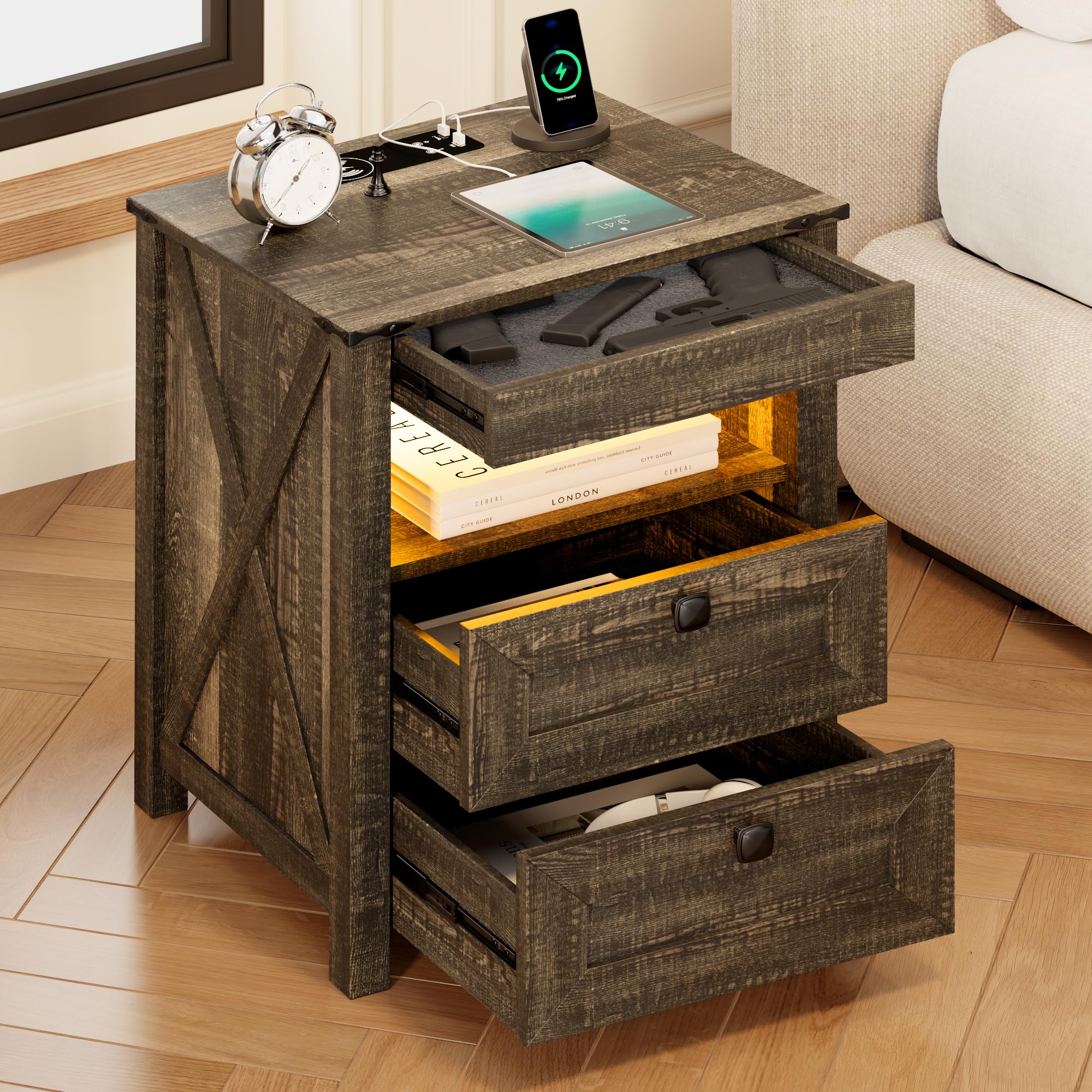 Amazon.com: TAGELIER Nightstand with Gun Drawer, Farmhouse Bedside ...