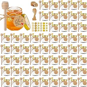 GIVAMEIHF 60 pack Mini Glass Honey jars-1.5oz,Small Hexagonal Honey Jars with Wooden Dipper Gold ...