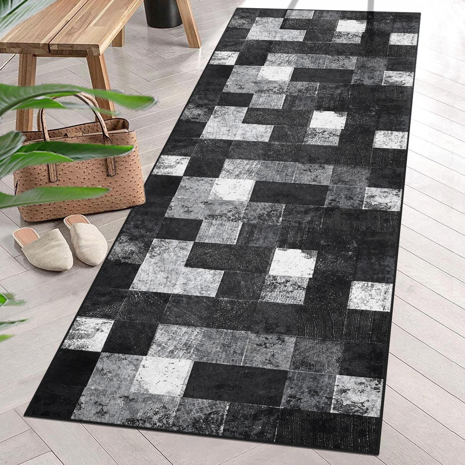 Amazon.com: Arttown Geometric Squares Runner Rug, 2'x 6' Black Modern ...