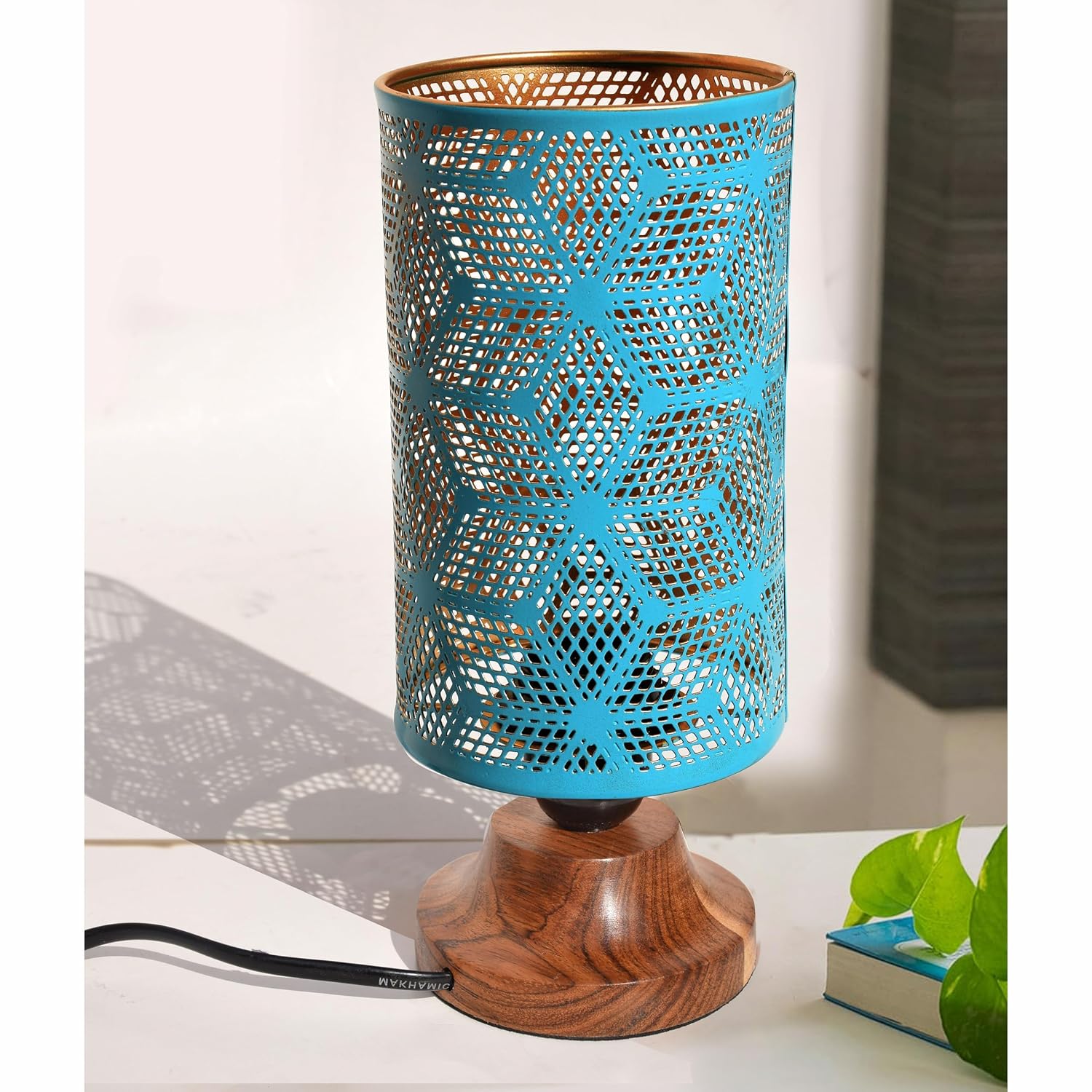Buy Pure Source India Metal Electric Lamp with Wooden Base and Lattice ...