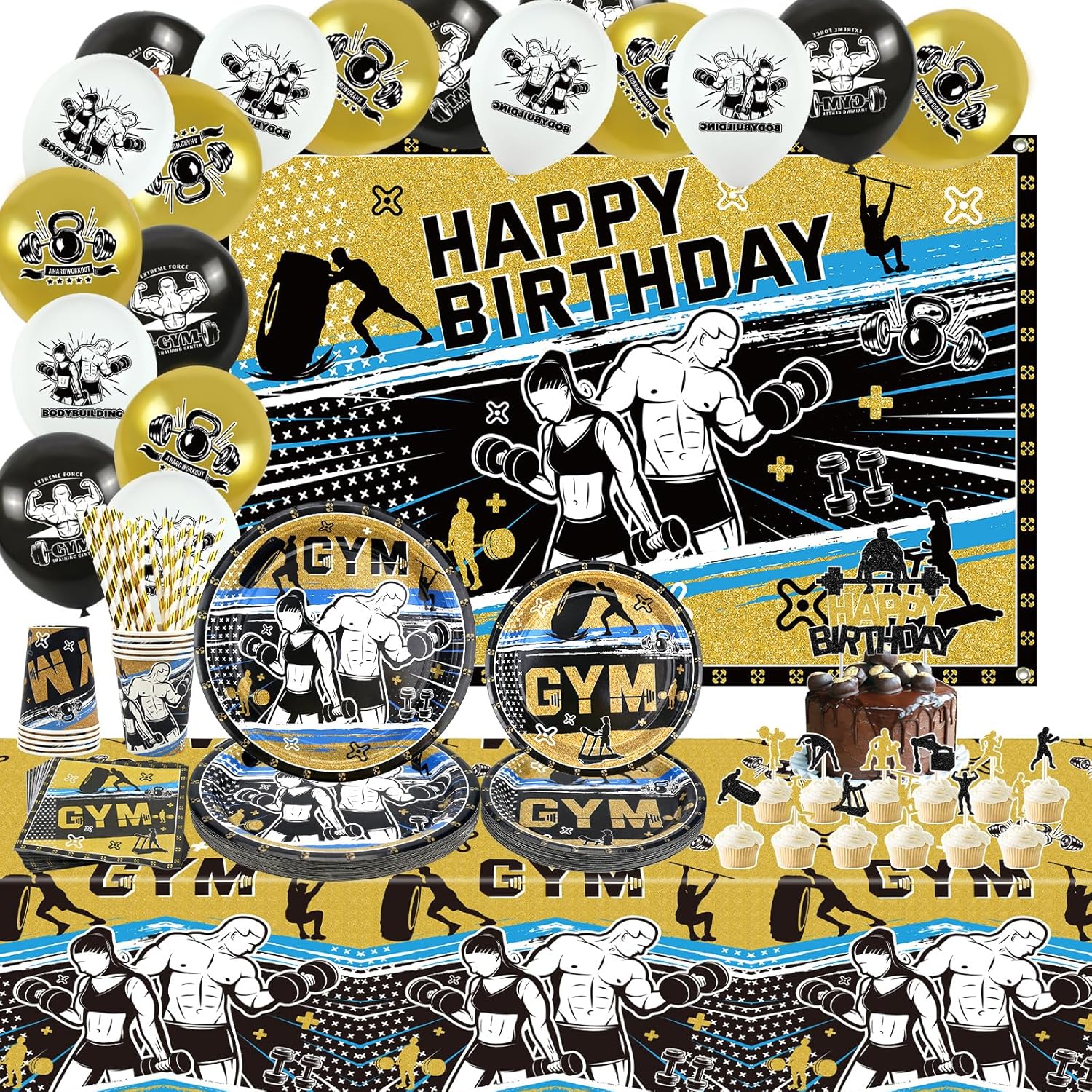 Glitter Gym Birthday Party Decorations, Black and Gold Fitness theme ...