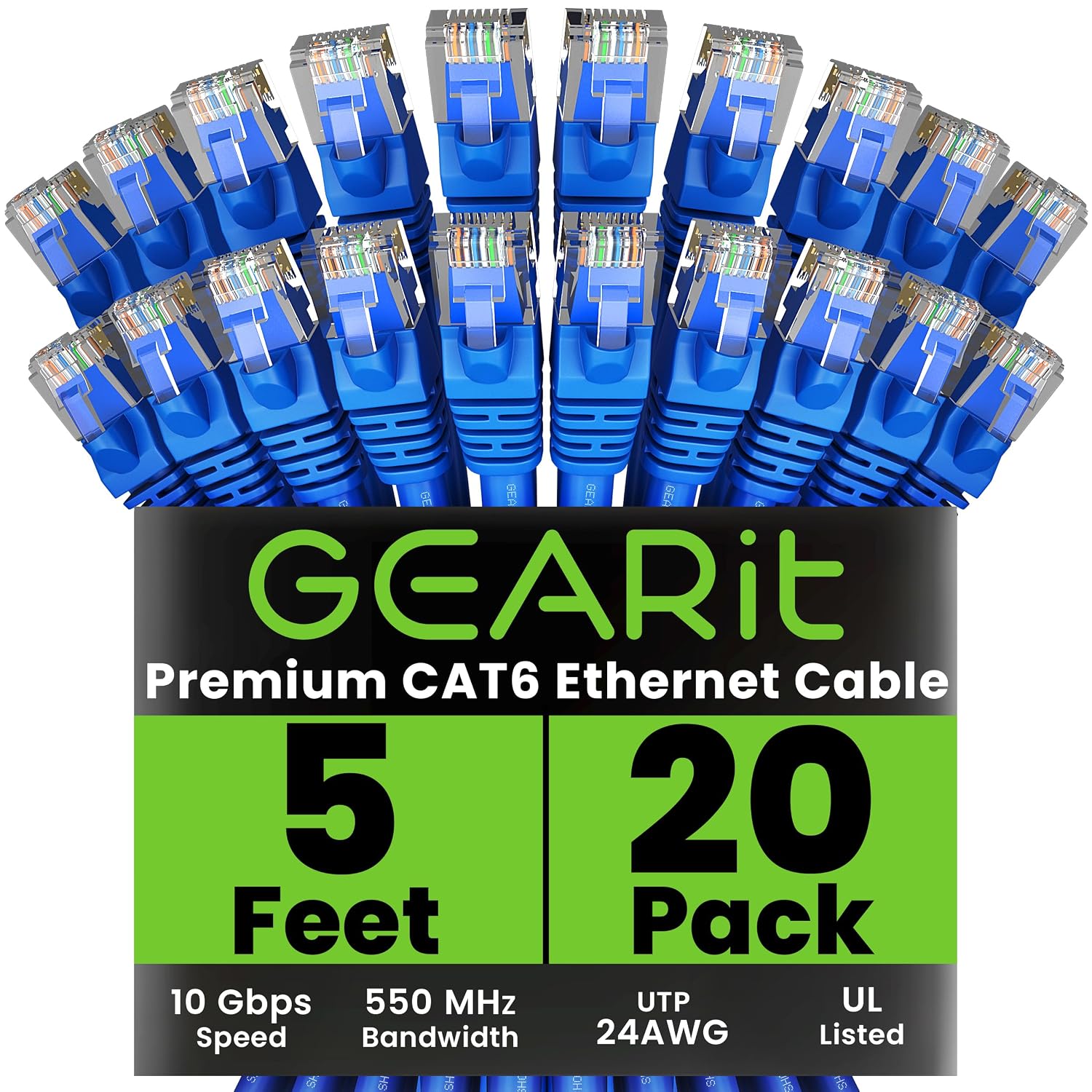 GearIT Cat 6 Ethernet Cable Pack - 20-Pack 5 ft Cat6 Ethernet Patch ...