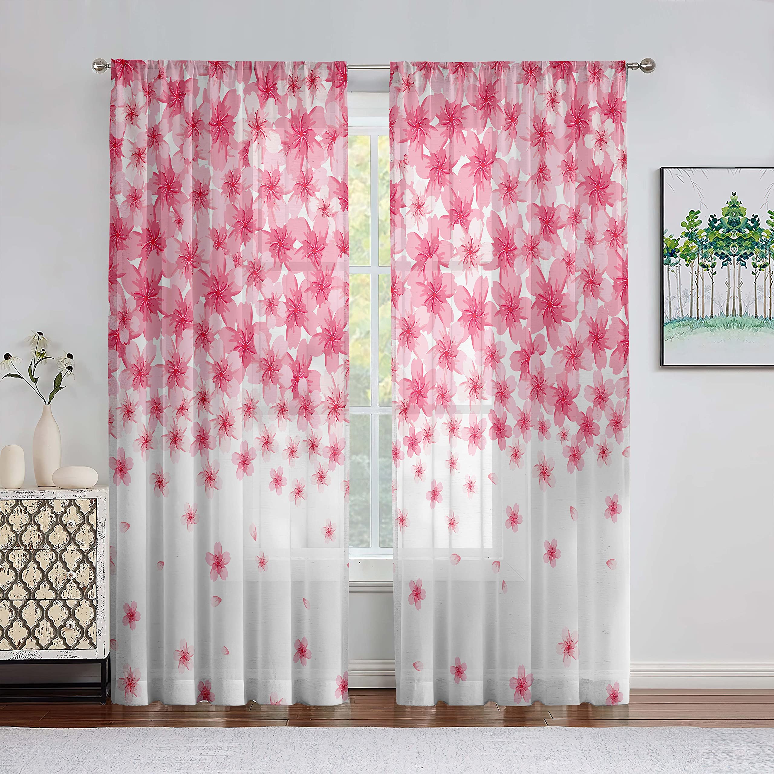 Pink Floral Linen Curtains For Bedroom, Rod Pocket Spring Plant Flowers ...