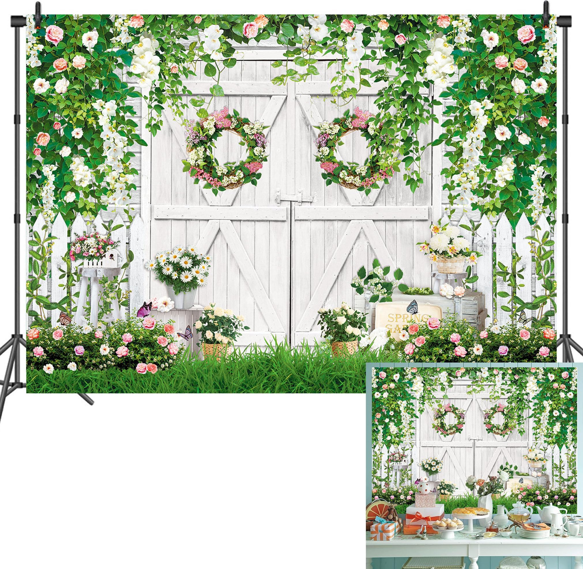 Amazon.com : BAIFNEZ 7x5FT Spring Garden Photography Backdrop White Wooden Door Flower Green ...