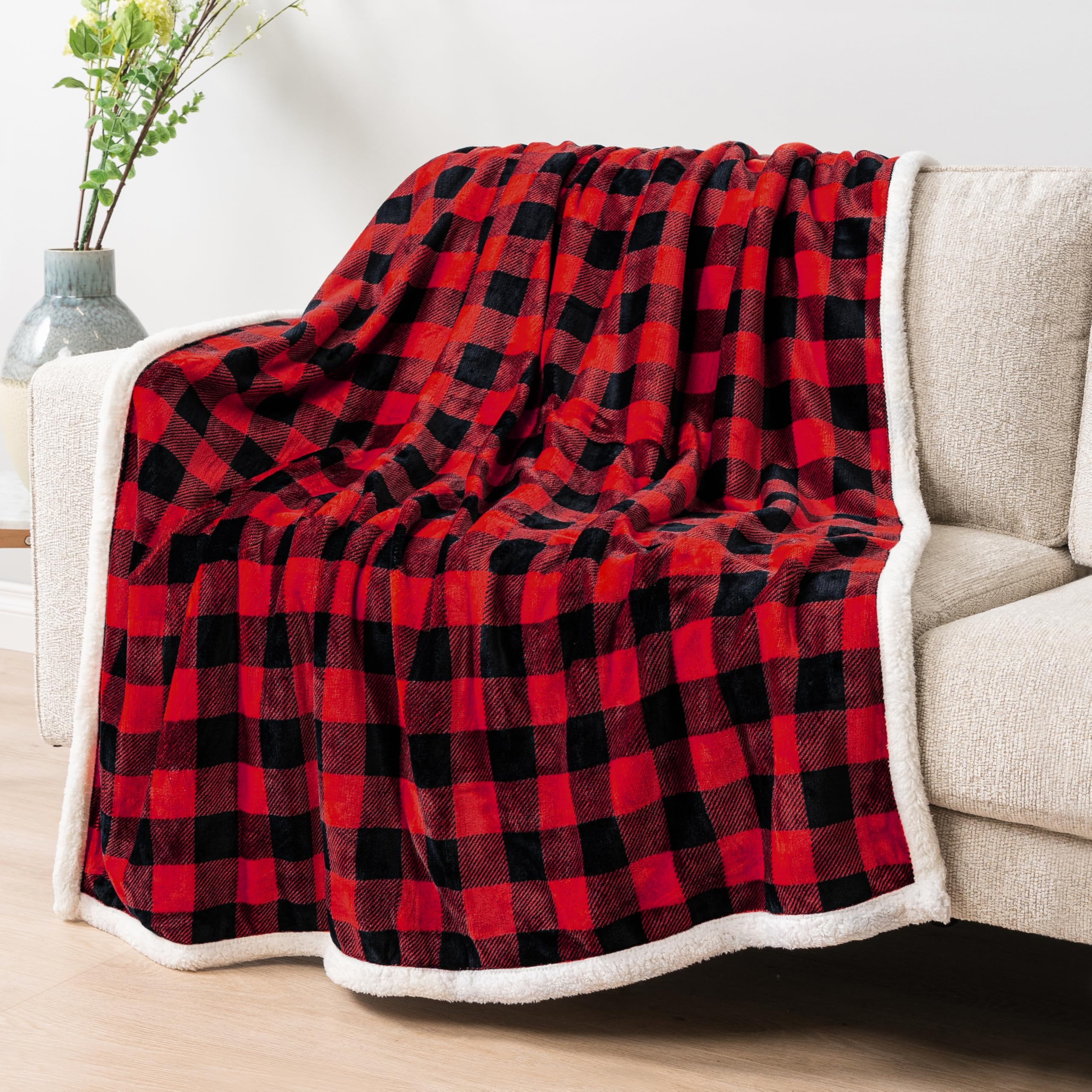 Amazon.com: PAVILIA Black and Red Buffalo Plaid Sherpa Throw Blanket ...