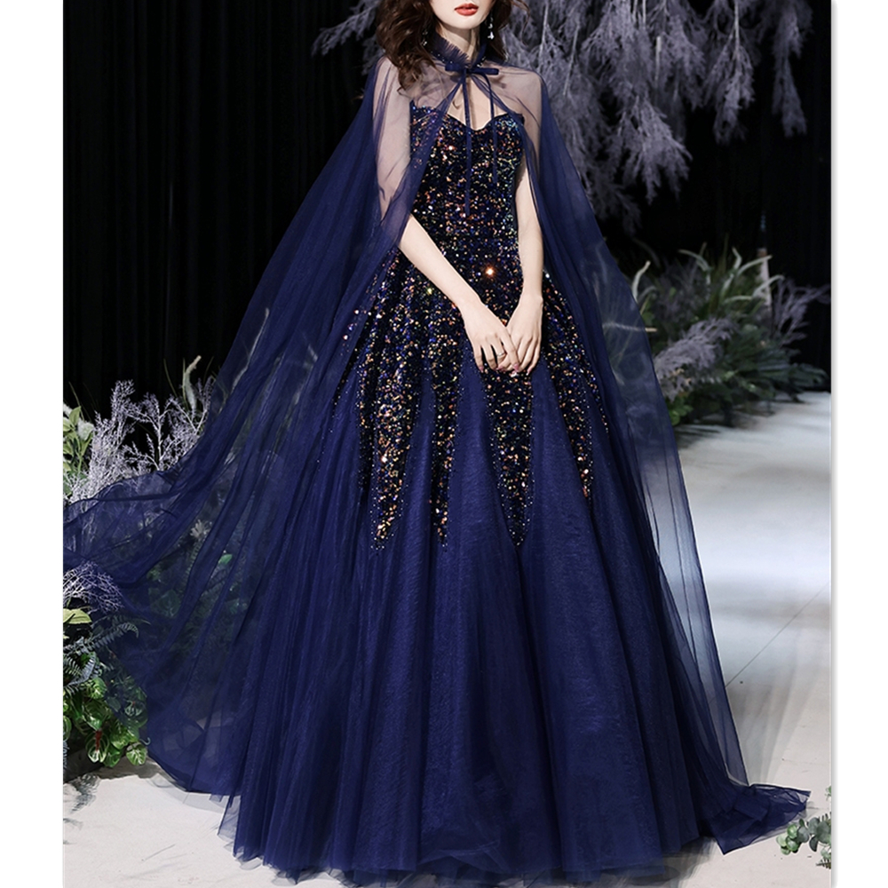 Watch Prom Dresses with Detachable Cape Long Sequins Ball Gown on ...