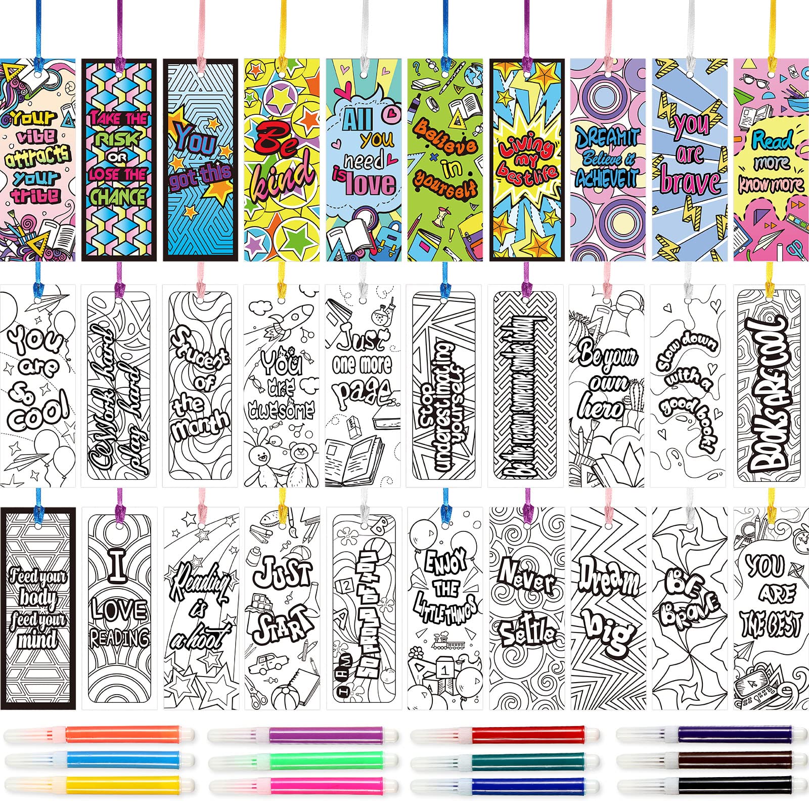 Buy 60 Pcs Color Your Own Bookmarks for Kids with 12 Watercolor Pen ...