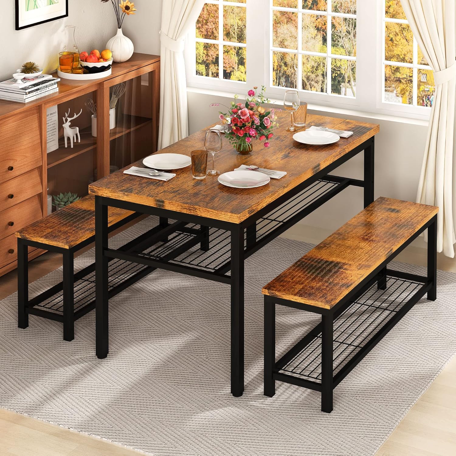 Amazon.com - Lamerge 3-Piece Dining Table Set, Rustic Dining Table with ...