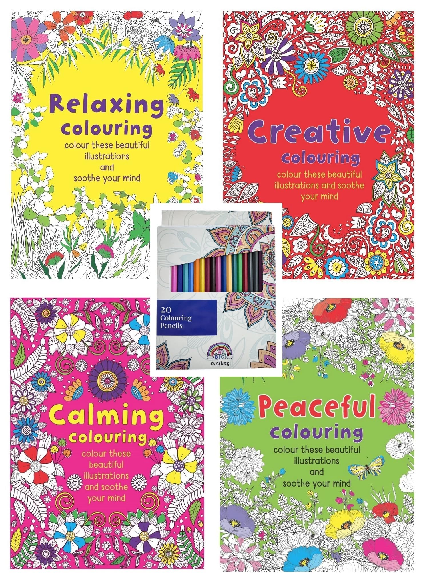 Anila's Set of 4 Relaxing & Soothing Colouring Books with 20 Colouring ...