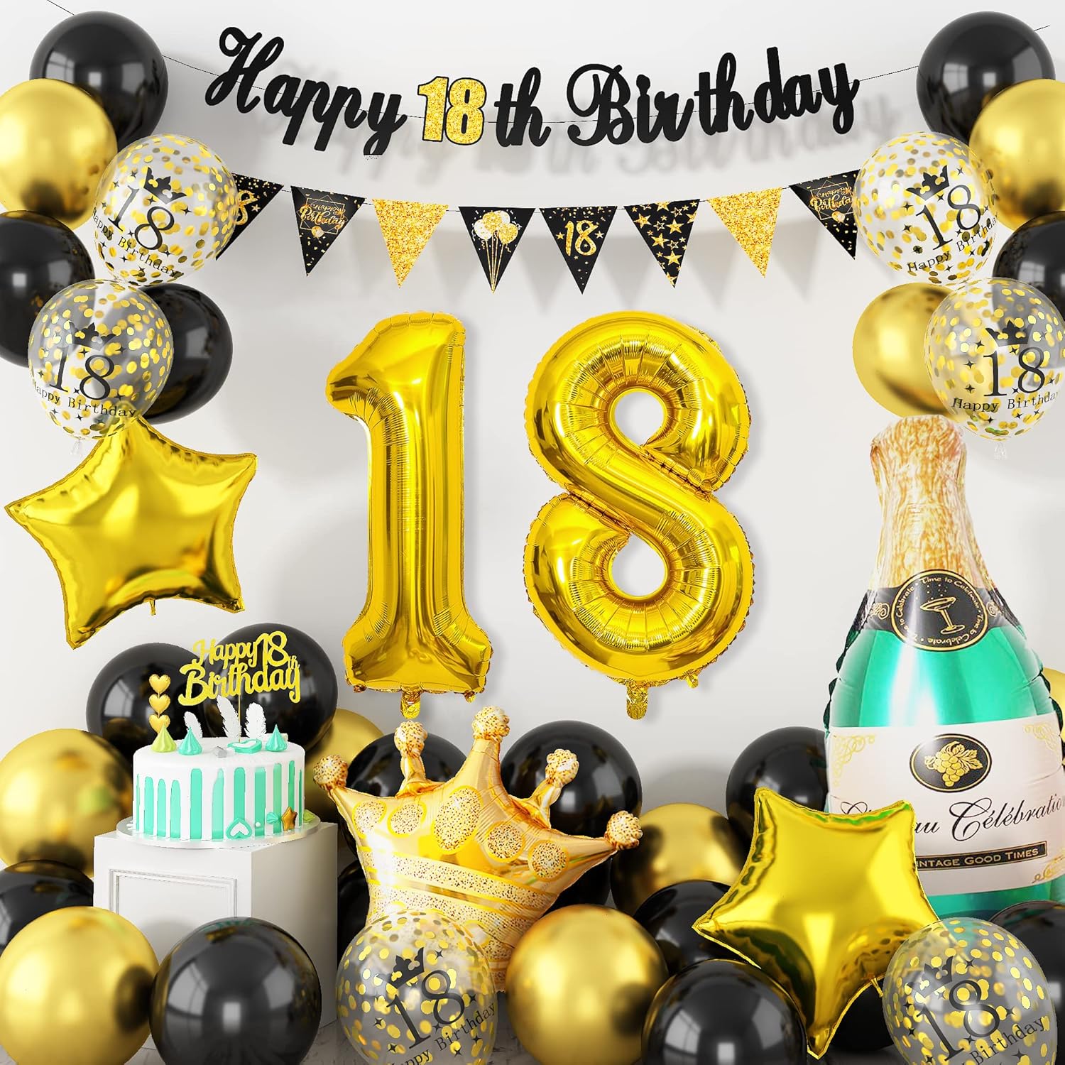 Teslite Black Gold 18th Birthday Decorations, Happy Party Balloon with ...