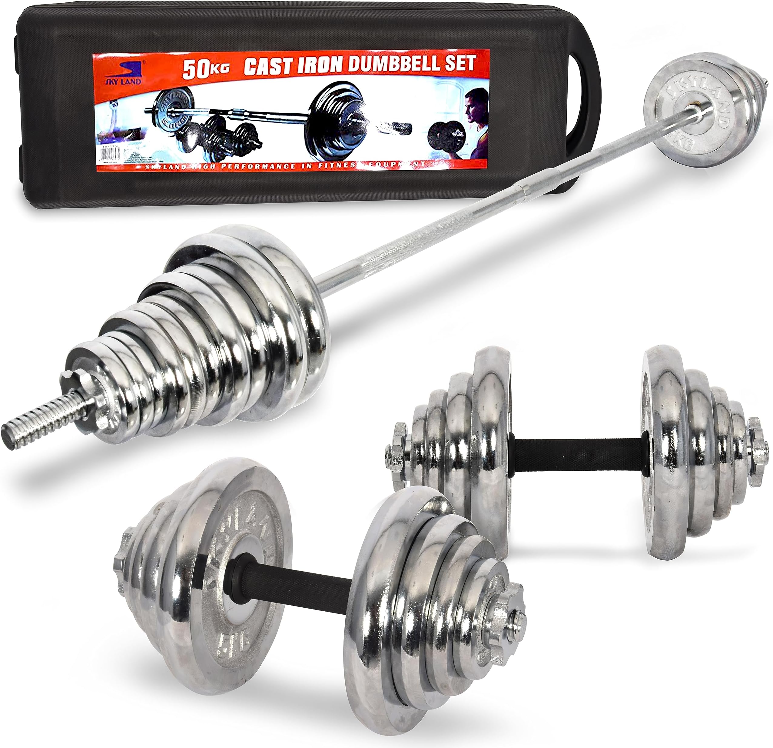 Skyland Fitness Adjustable Chrome Barbell and Dumbell Set with molded ...
