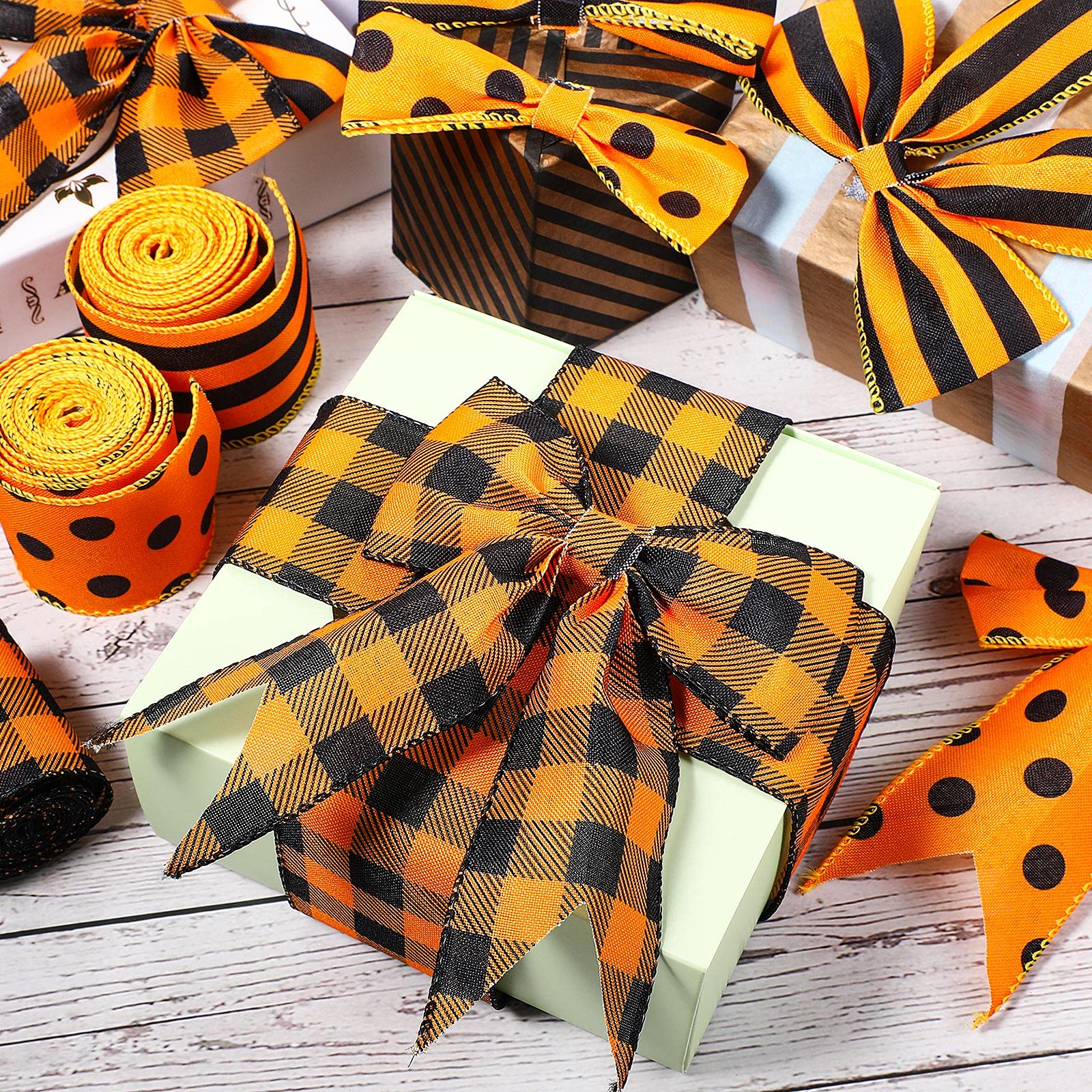 3 Rolls Orange and Black Plaid Wrapping Ribbons Thanksgiving Fall ...