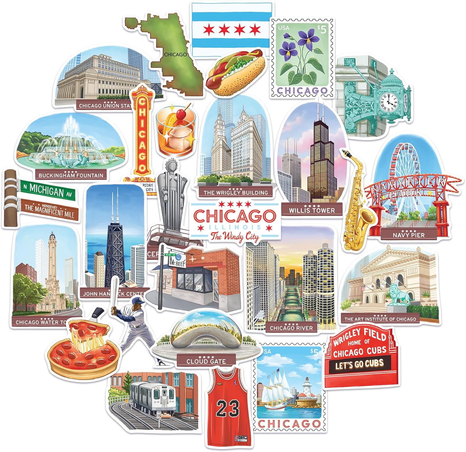 Amazon.com: Navy Peony Windy Chicago Travel Stickers (28pcs)-Gouache ...
