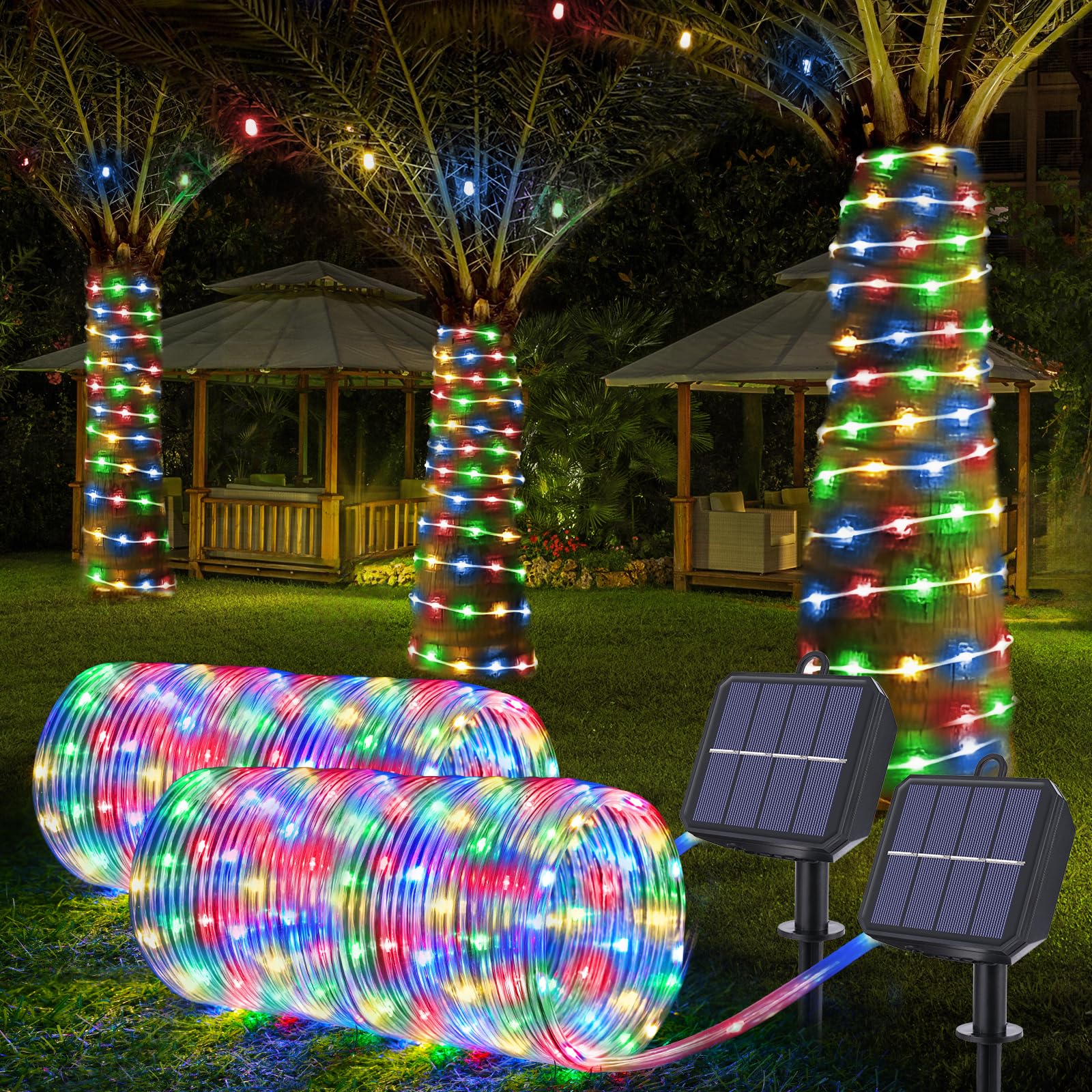Solar Rope Lights, 2 Packs 66ft 200LED Solar String Lights, 8 Modes ...