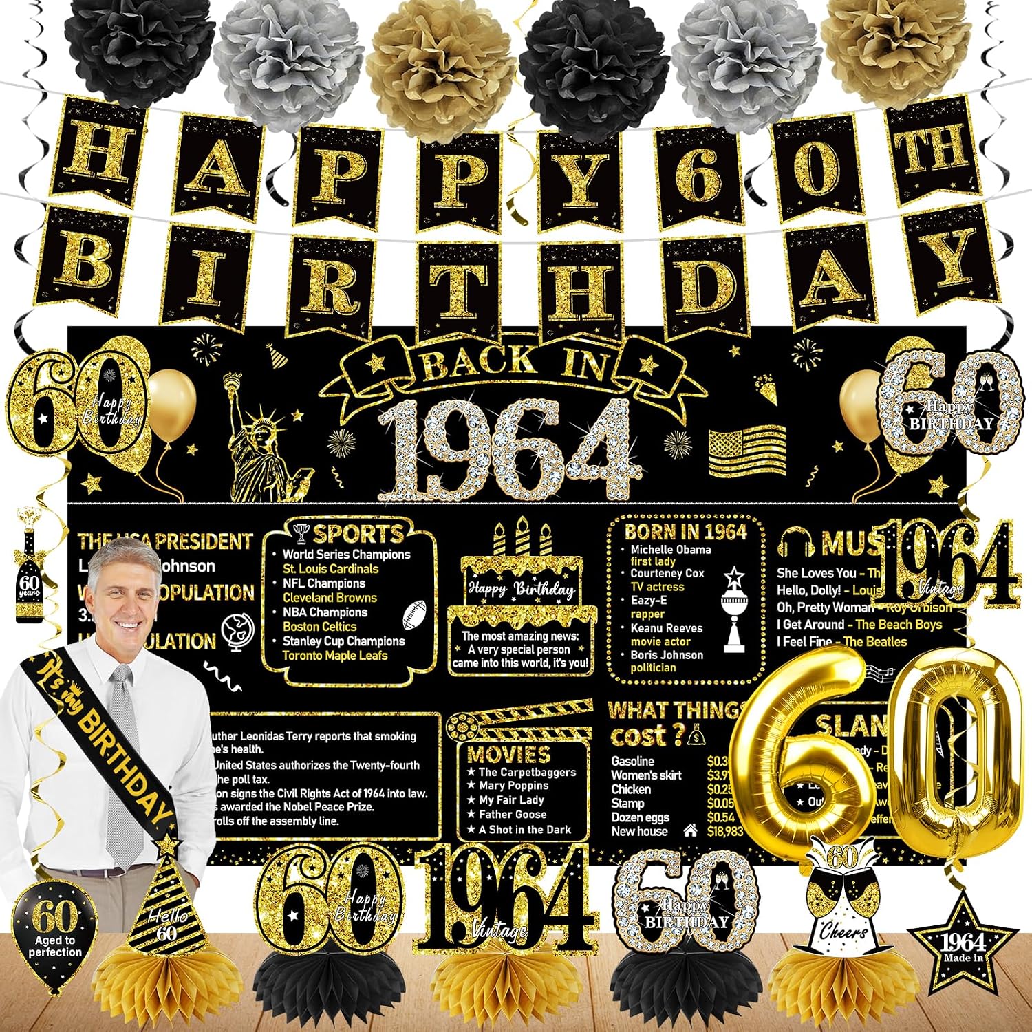 Amazon.com: 60th Birthday Decorations for Men Women, 21pcs Back in 1964 ...