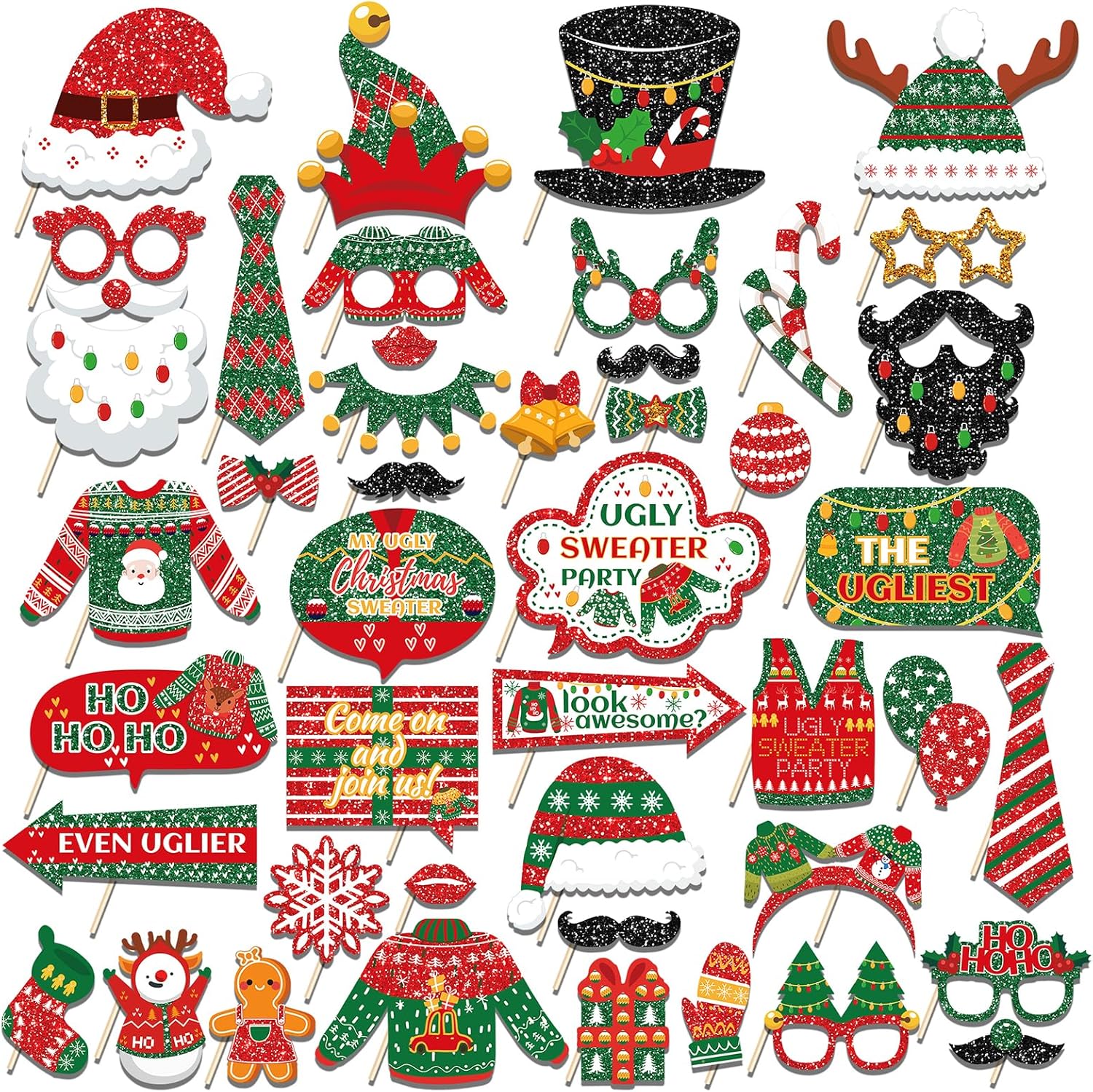 Amazon.com: Cieovo 45 Pieces Christmas Photo Booth Props Ugly Sweater ...
