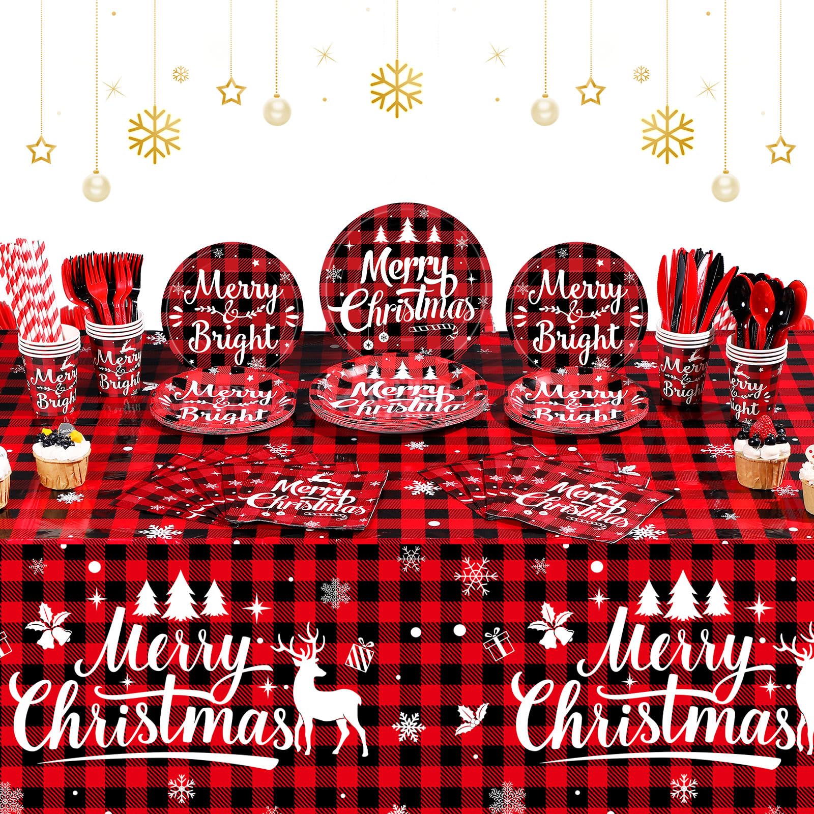 Amazon.com: 194 Pcs Christmas Buffalo Plaid Party Supplies Red Black ...