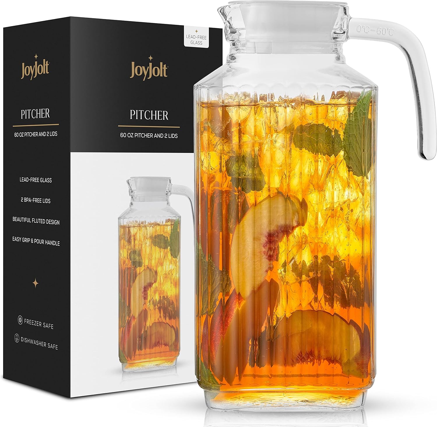 JoyJolt 60oz Glass Pitcher with Lid (2 Lids) - Beverage Serveware and ...