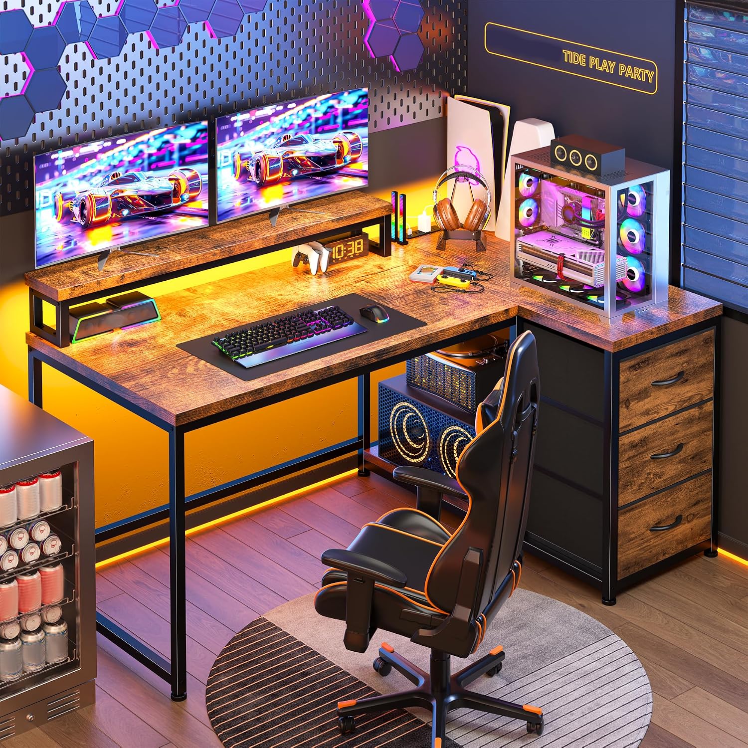 Amazon.com: EnHomee L Shaped Gaming Desk with LED Lights & Power Outlet ...