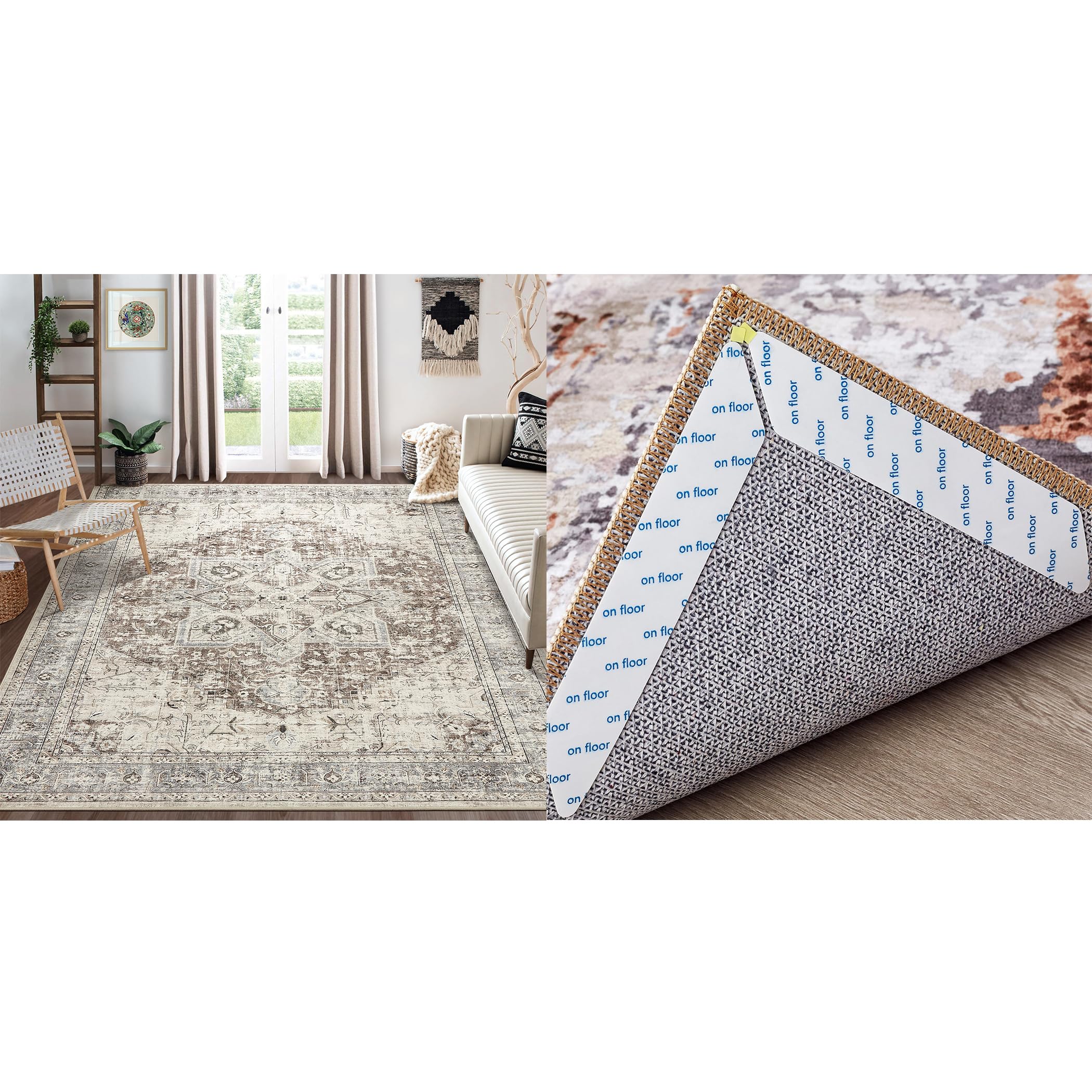 Tortania Boho Brown Living Room Rug 9x12 with 10 PCS Rug Tape Set for ...