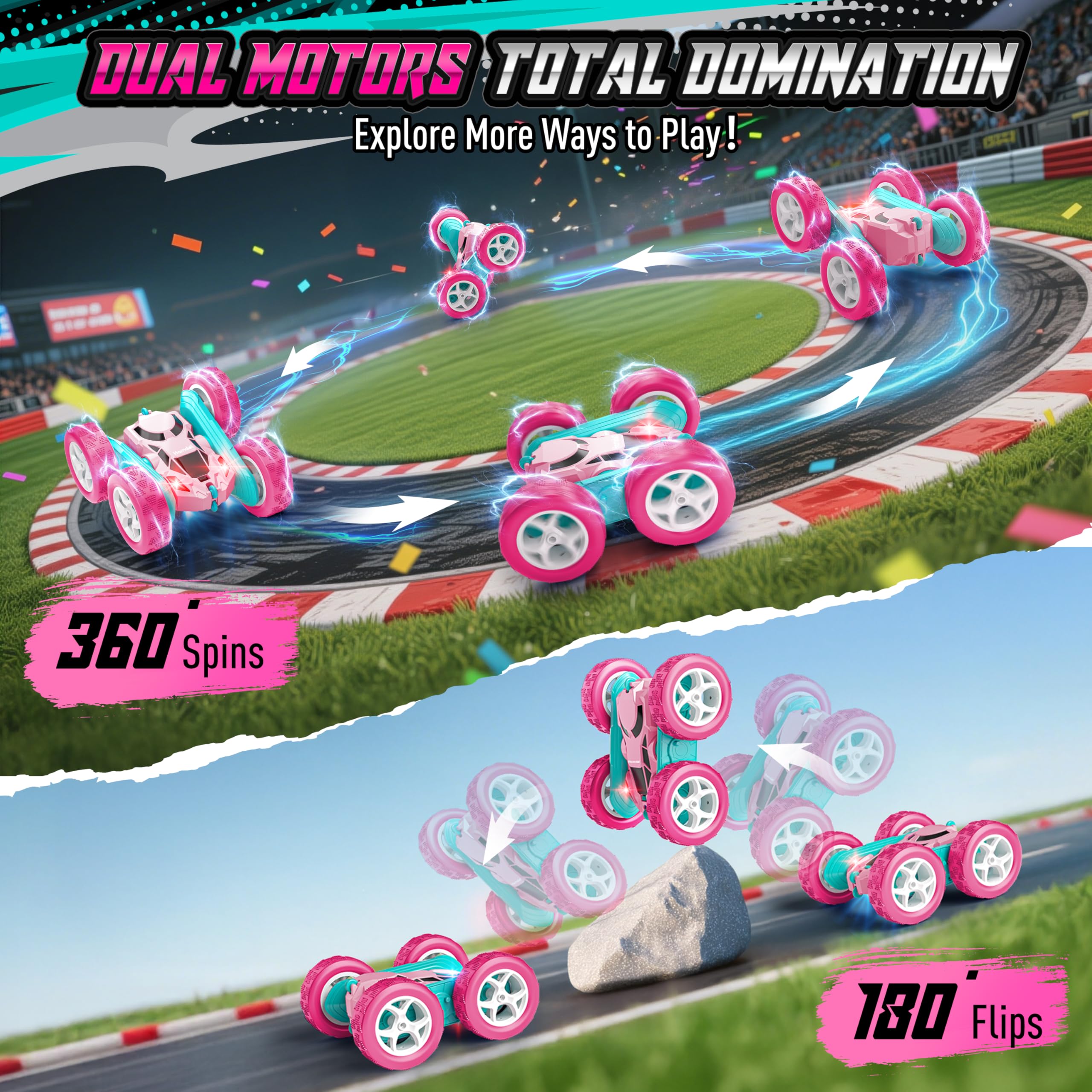 Snapklik.com : Hamdol Pink RC Car For Girls Age 6+, 360 Rotating Stunt ...