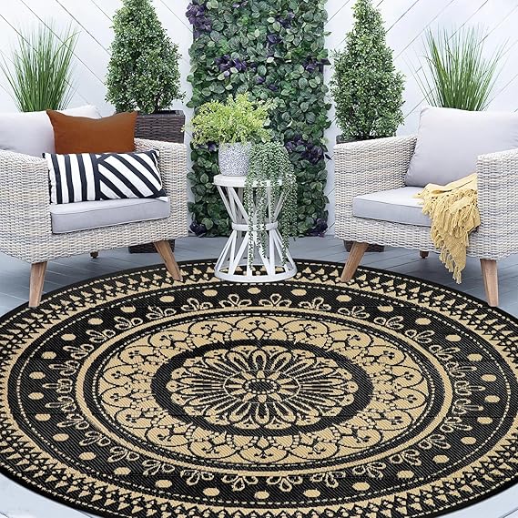 Cekene Round Outdoor Rugs for Patio 8Ft Waterproof Reversible Outdoor ...