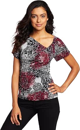 AGB Women's Short Sleeve Cameo Top with Banded Bottom, Berry, Medium at ...