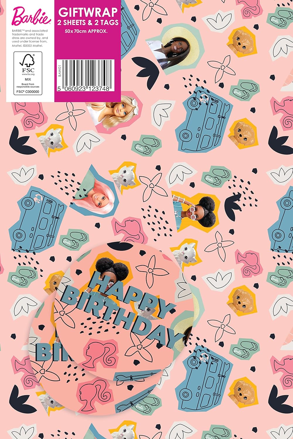 Amazon.com: Barbie Wrapping Paper, Barbie Gift Wrapping, 2 Sheets 2 ...