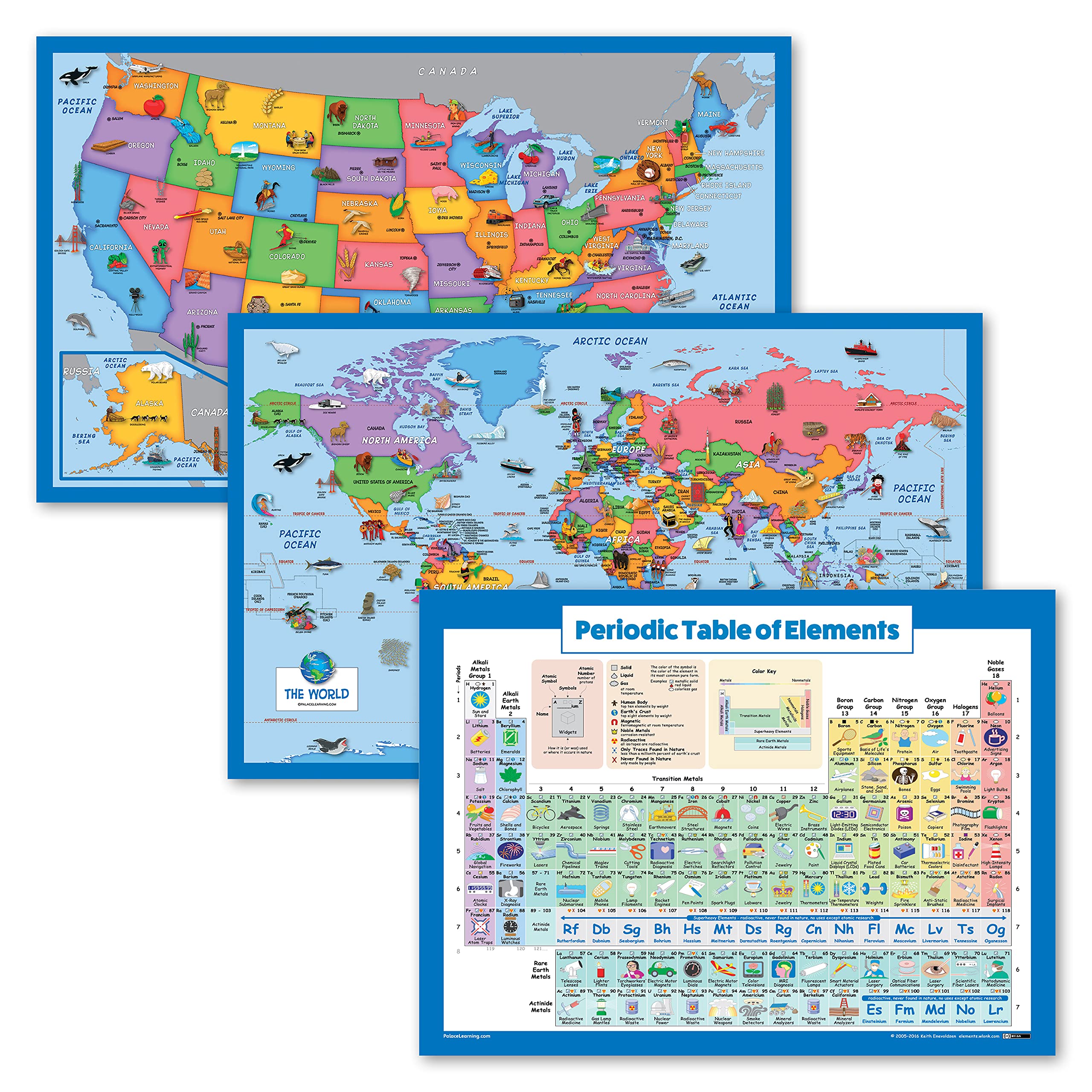Buy 3 Pack - Illustrated World & USA for Kids + Periodic Table of The ...