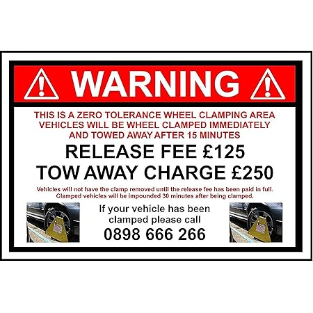 Warning wheel clamping safety sign - 3mm Aluminium sign 300mm x 200mm ...