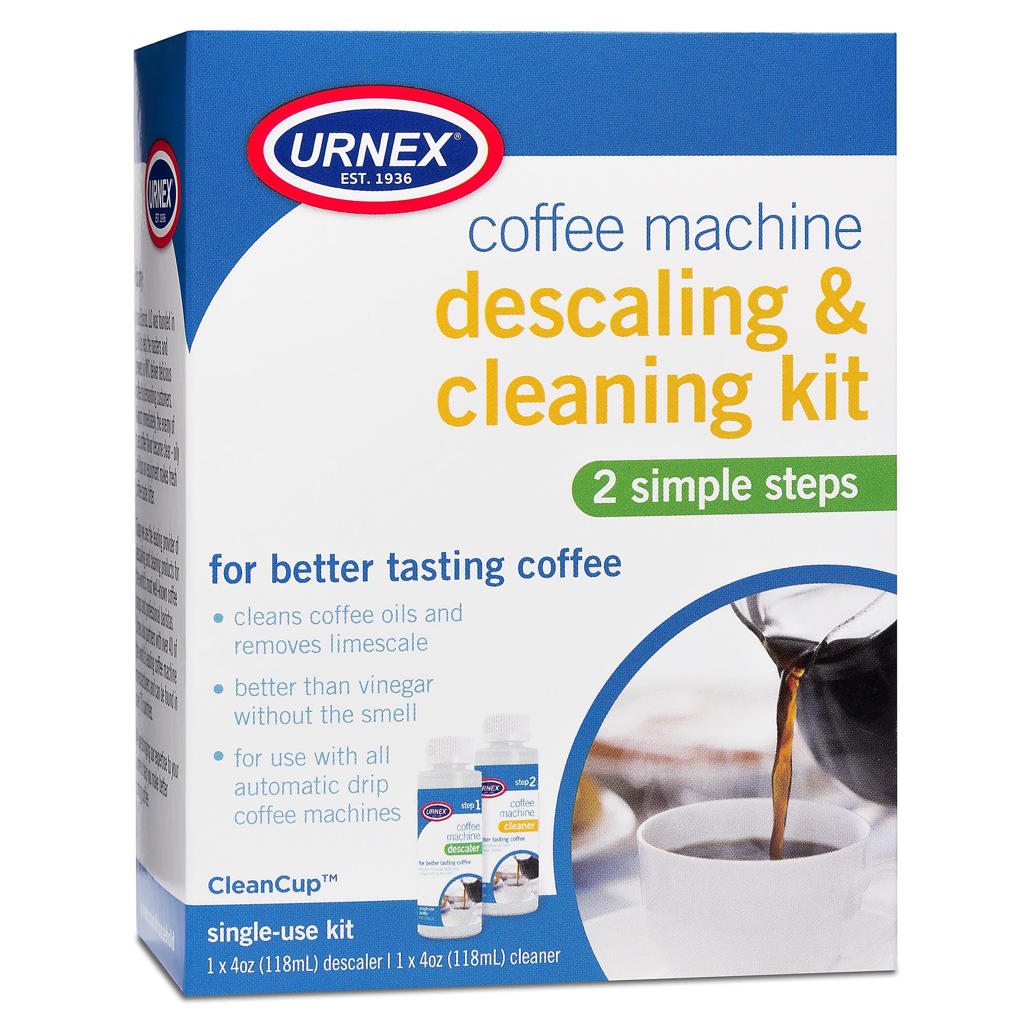 Urnex Coffee Maker Cleaner and Descaler Kit - 2 Single Use Bottles ...