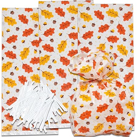 Amazon.com: 100 Thanksgiving Cellophane Bag Plastic Fall Leaves Treat ...