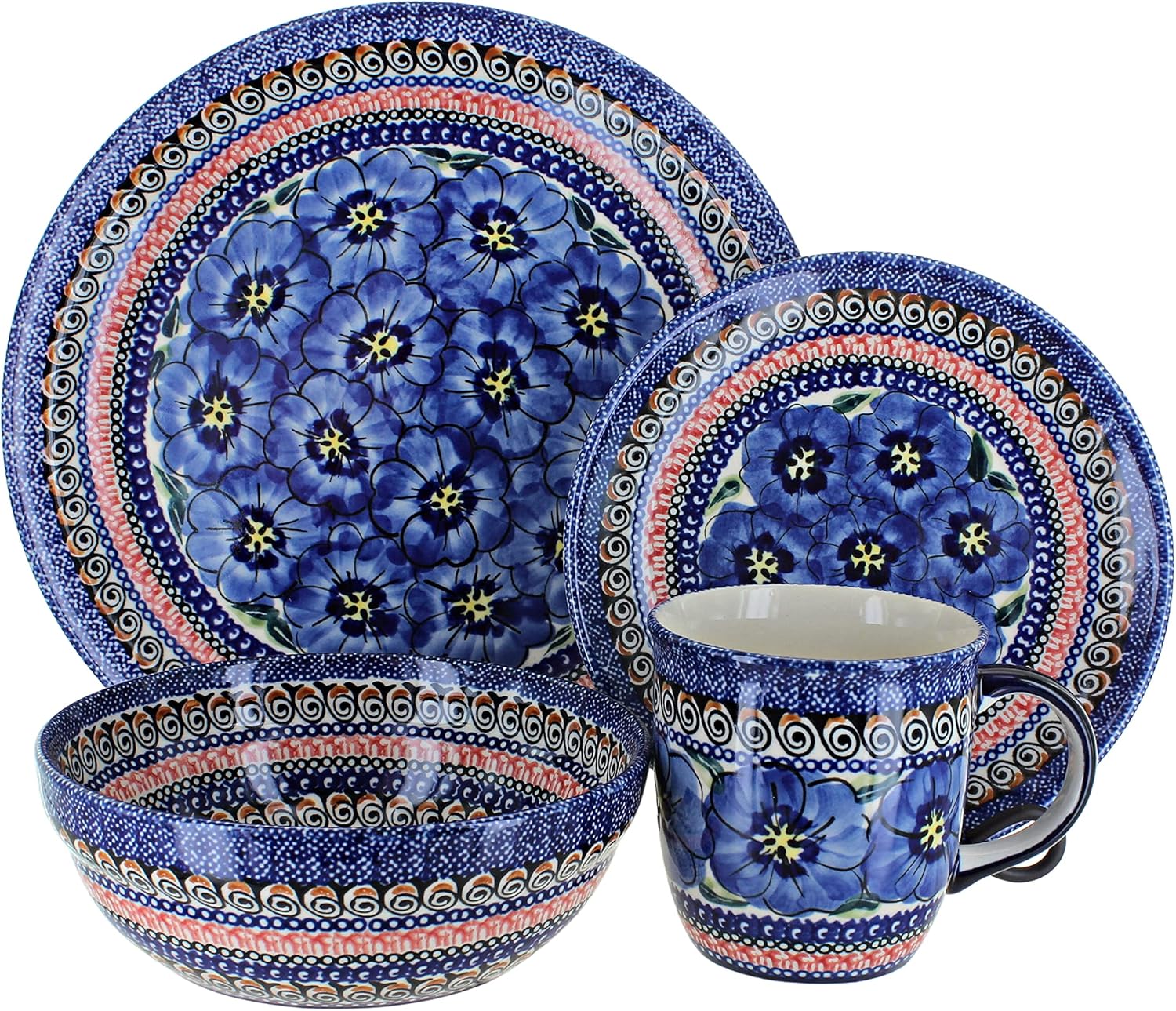 Amazon.com | Blue Rose Polish Pottery - Blue Art 16 Piece Dinner Set ...
