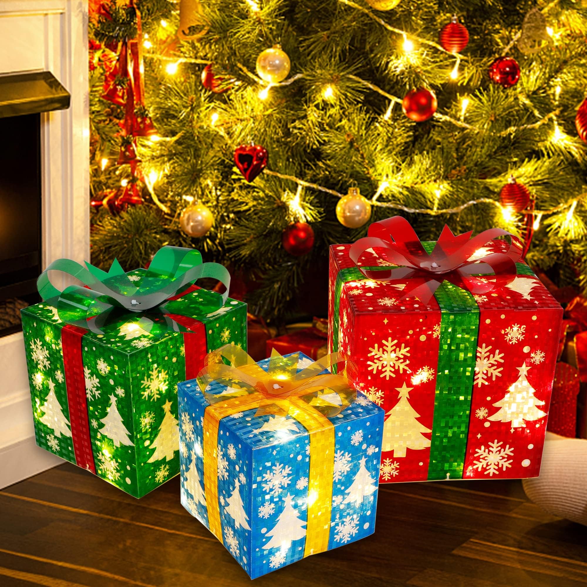 Amazon.com: ATDAWN Set of 3 Lighted Gift Boxes Christmas Decorations ...
