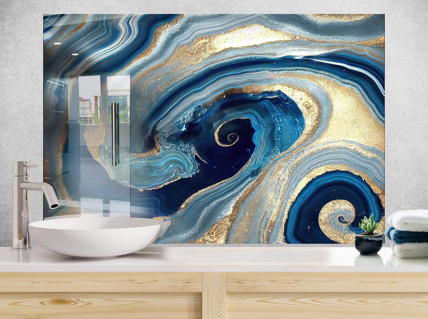 Myphotostation Tempered Glass Splashback 12x12''Blue Golden Marble ...