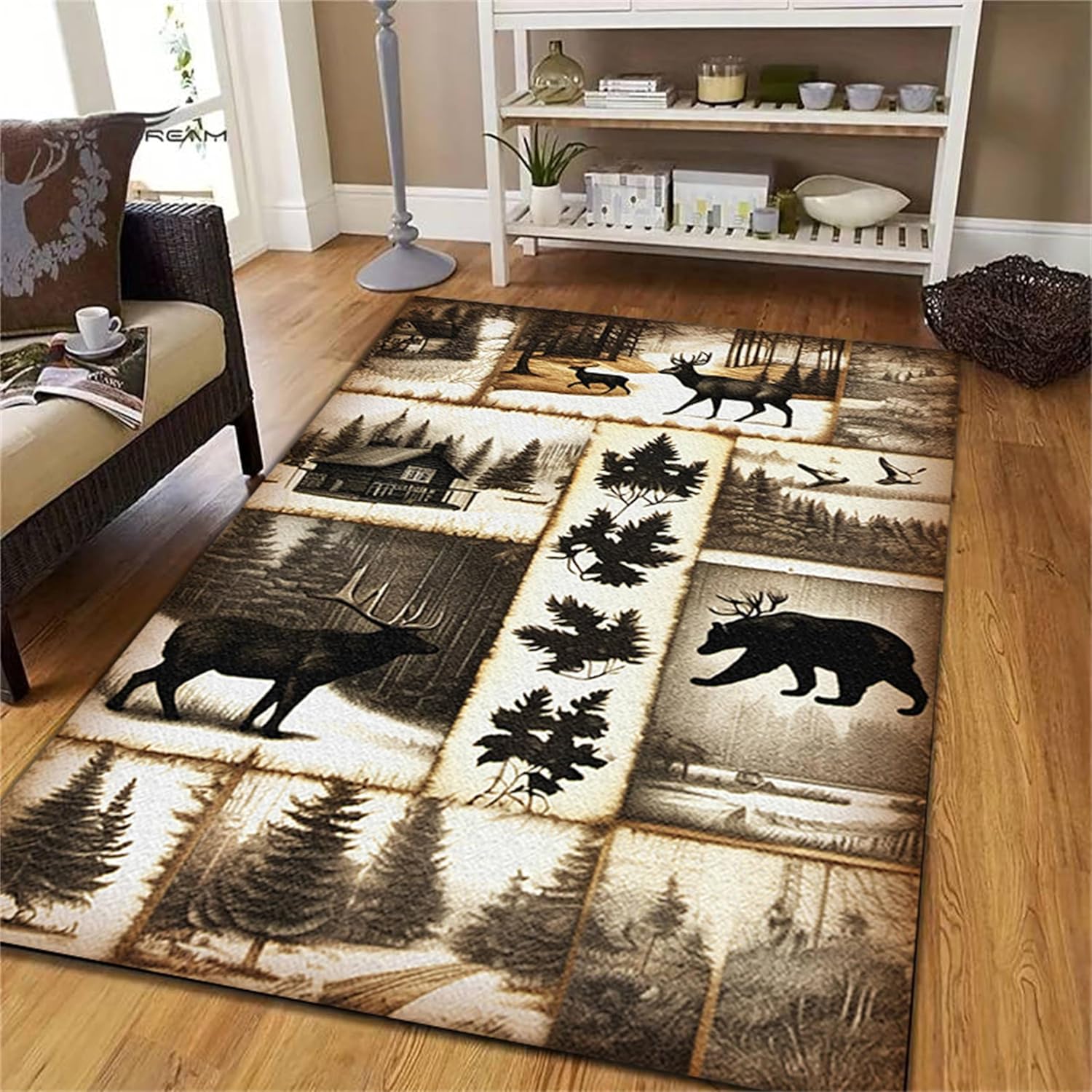 Country Cabin Area Rug, 4x5ft Rustic Bear Lodge Nature and Animal Area ...