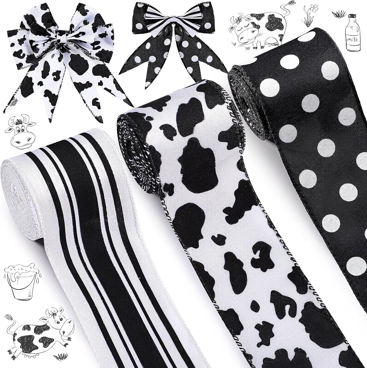 Amazon.com: 3 Rolls 18 Yards Cow Print Wired Ribbon 2.5 Inch White ...