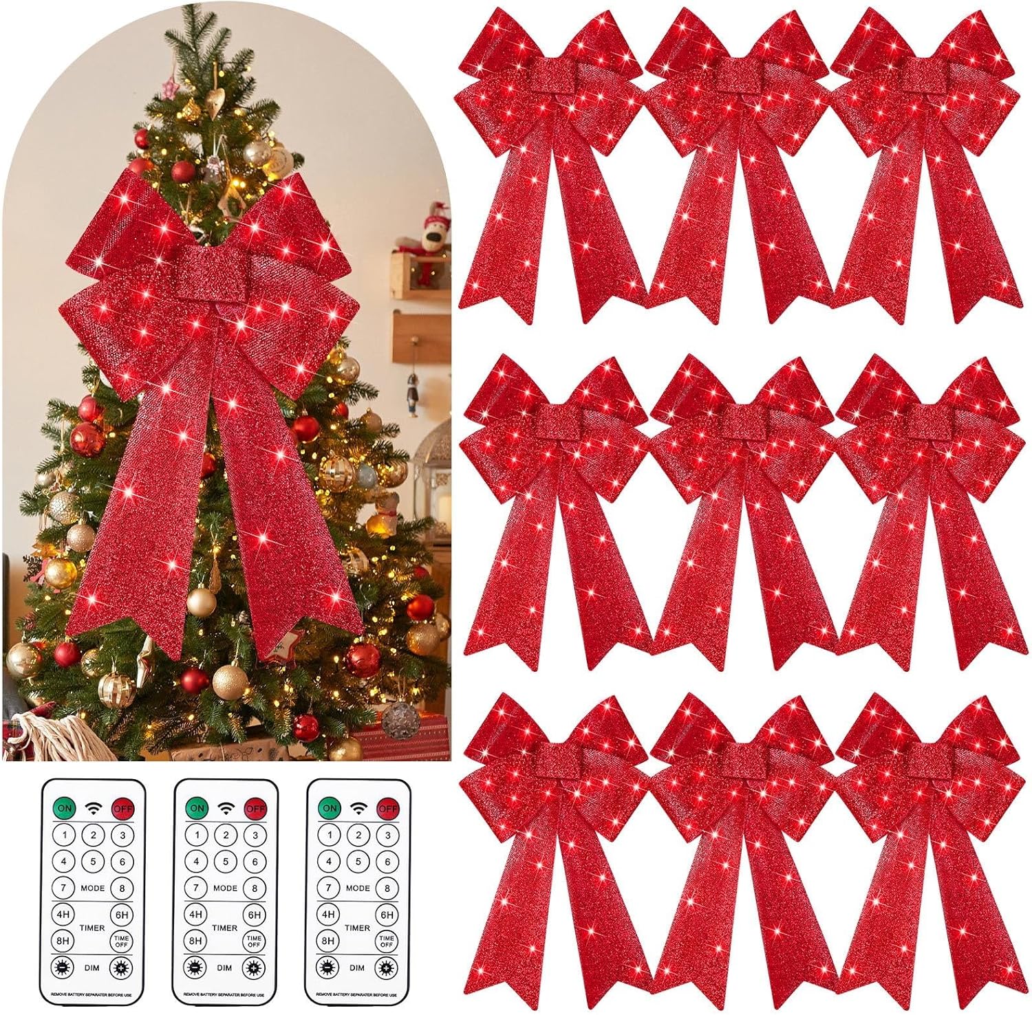 Amazon.com: WILLBOND 9 Pcs Christmas Tree Bow LED Christmas Tree Topper ...