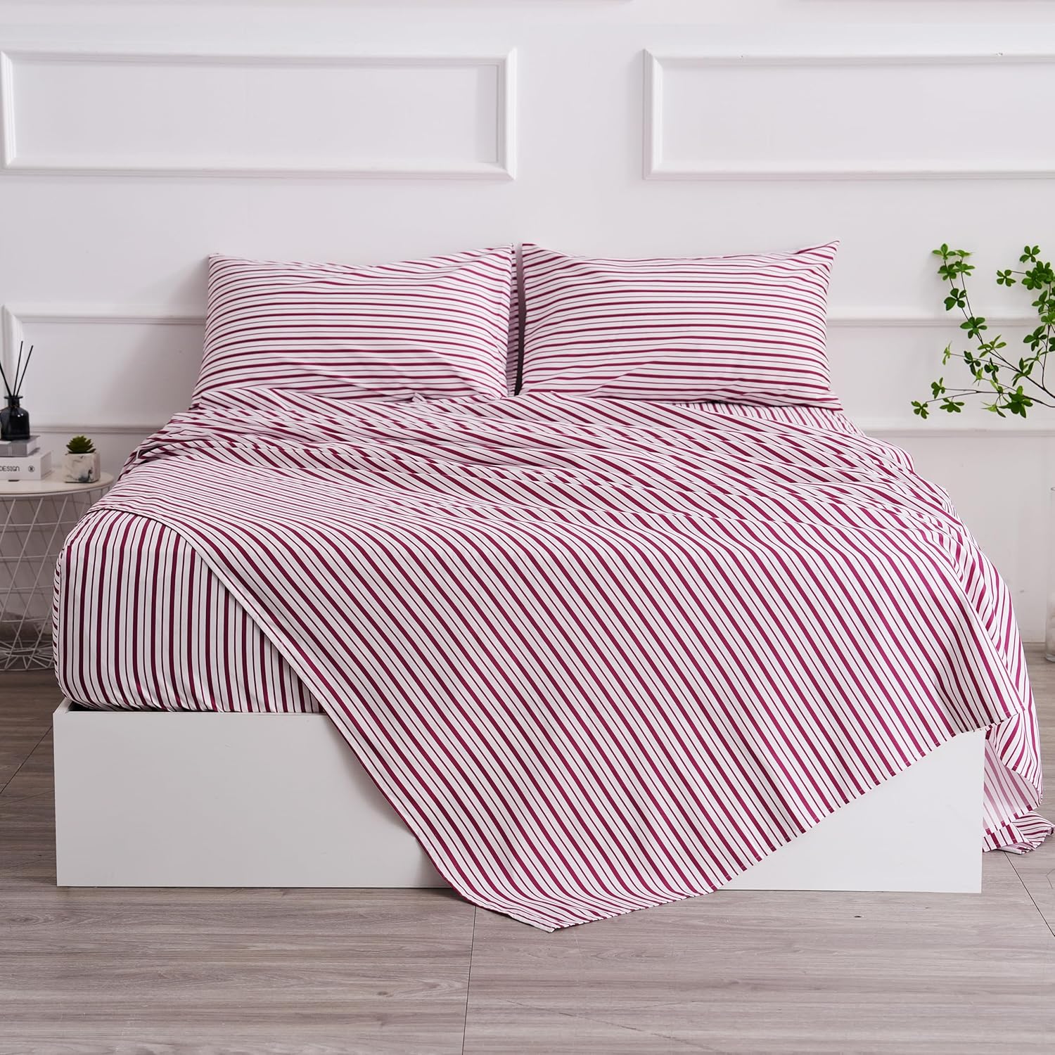 Amazon.com: Red Striped Sheets Set Queen Size 4 Piece - Super Soft ...