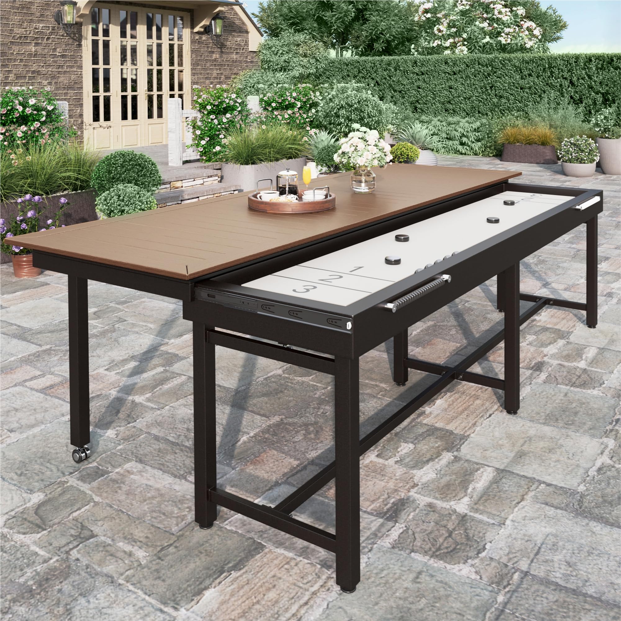 Amazon.com: HERA'S HOUSE 10 Ft. Patio Dining Table for 10, 2 in 1 Extendable Shuffleboard with ...