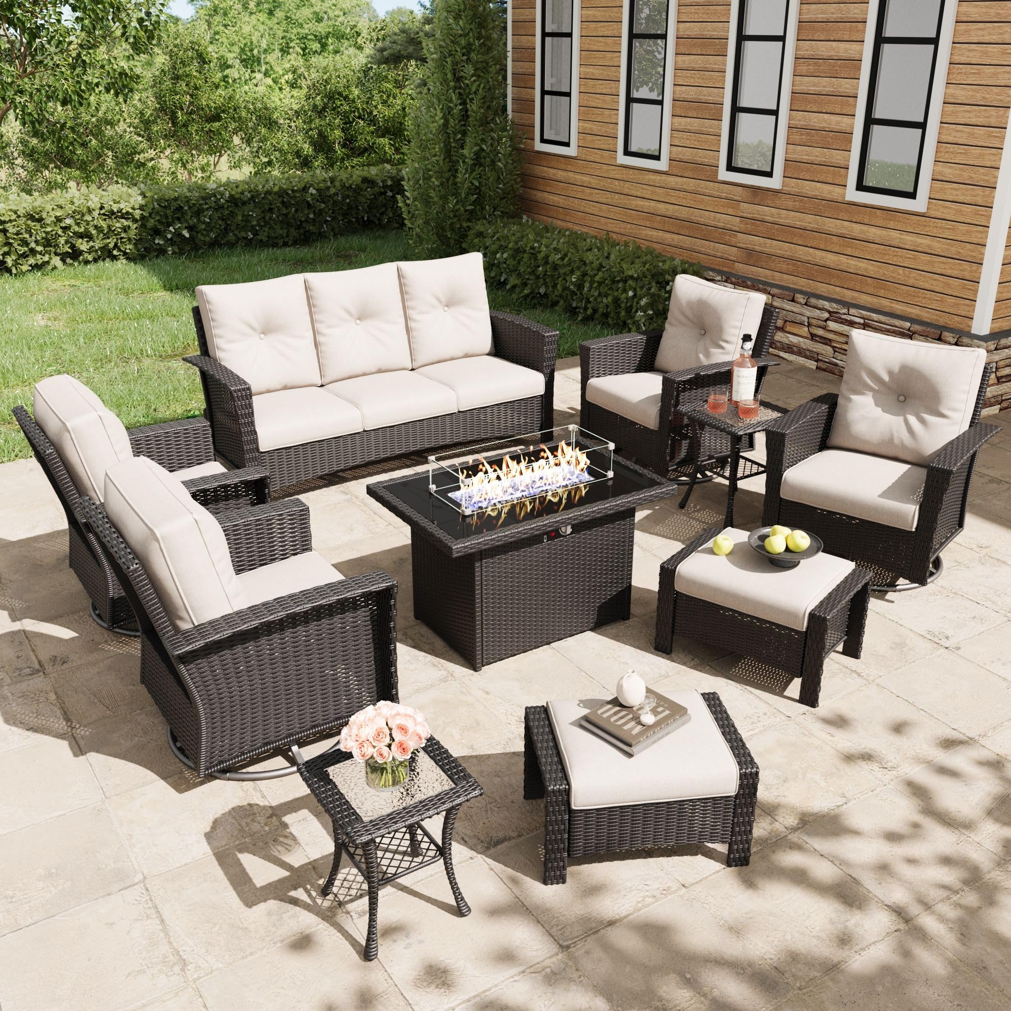 Amazon.com: LayinSun 10 Piece Wicker Patio Furniture Set with Fire Pit ...
