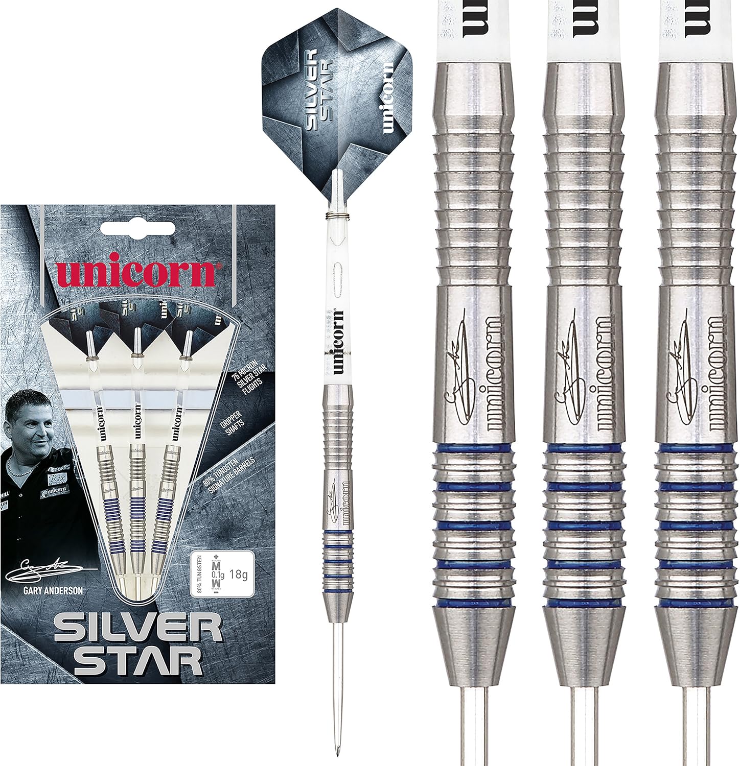 TARGET 23g 25g Unicorn Gary Anderson Silver Star Darts, Unicorn Flights, Gripper Shafts - 80% ...