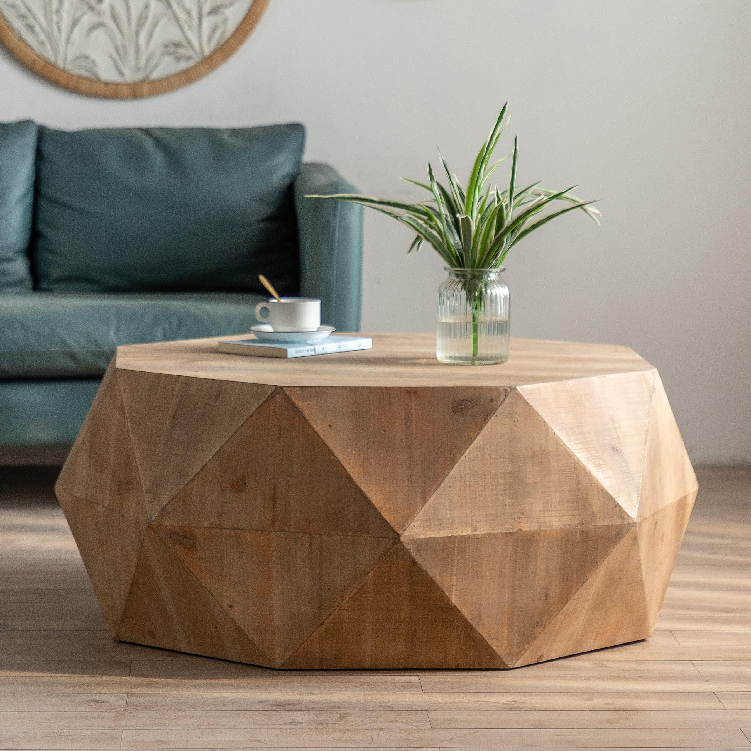 Amazon.com: Geometric Distressed Modern Round Wood Coffee Table Faceted ...