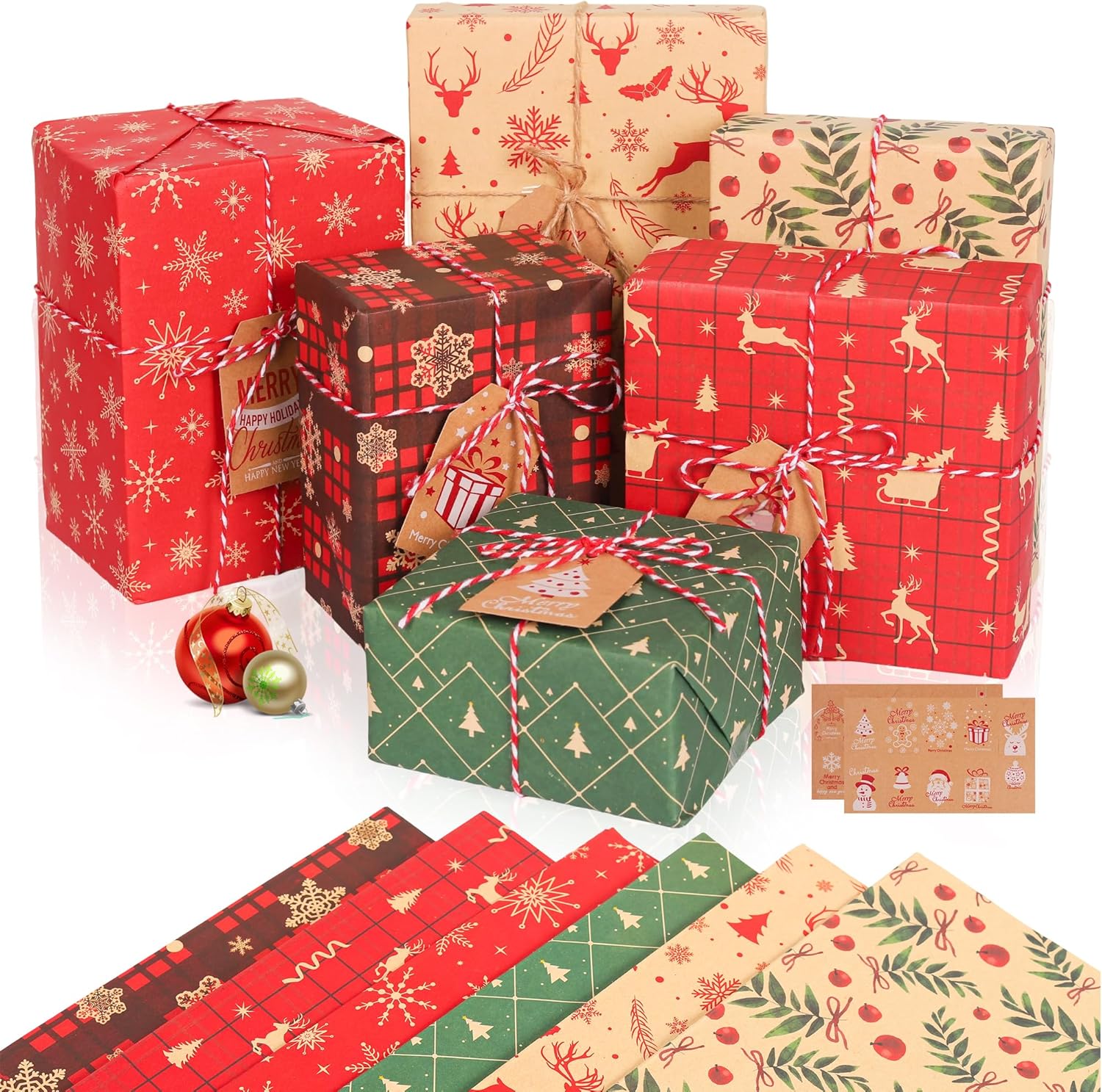 Christmas Wrapping Paper, 12 Sheets Recyclable Xmas Gift Kraft Paper ...