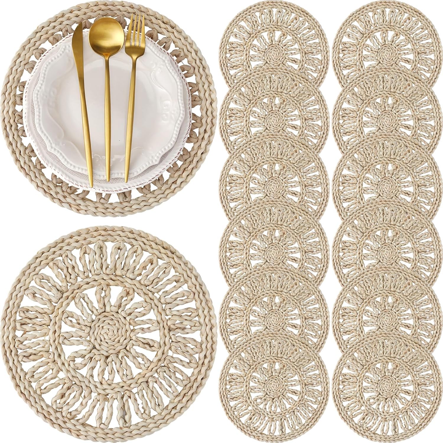 Amazon.com: Zhehao 16 Packs Round Woven Placemats Rattan Chargers 11.8 ...