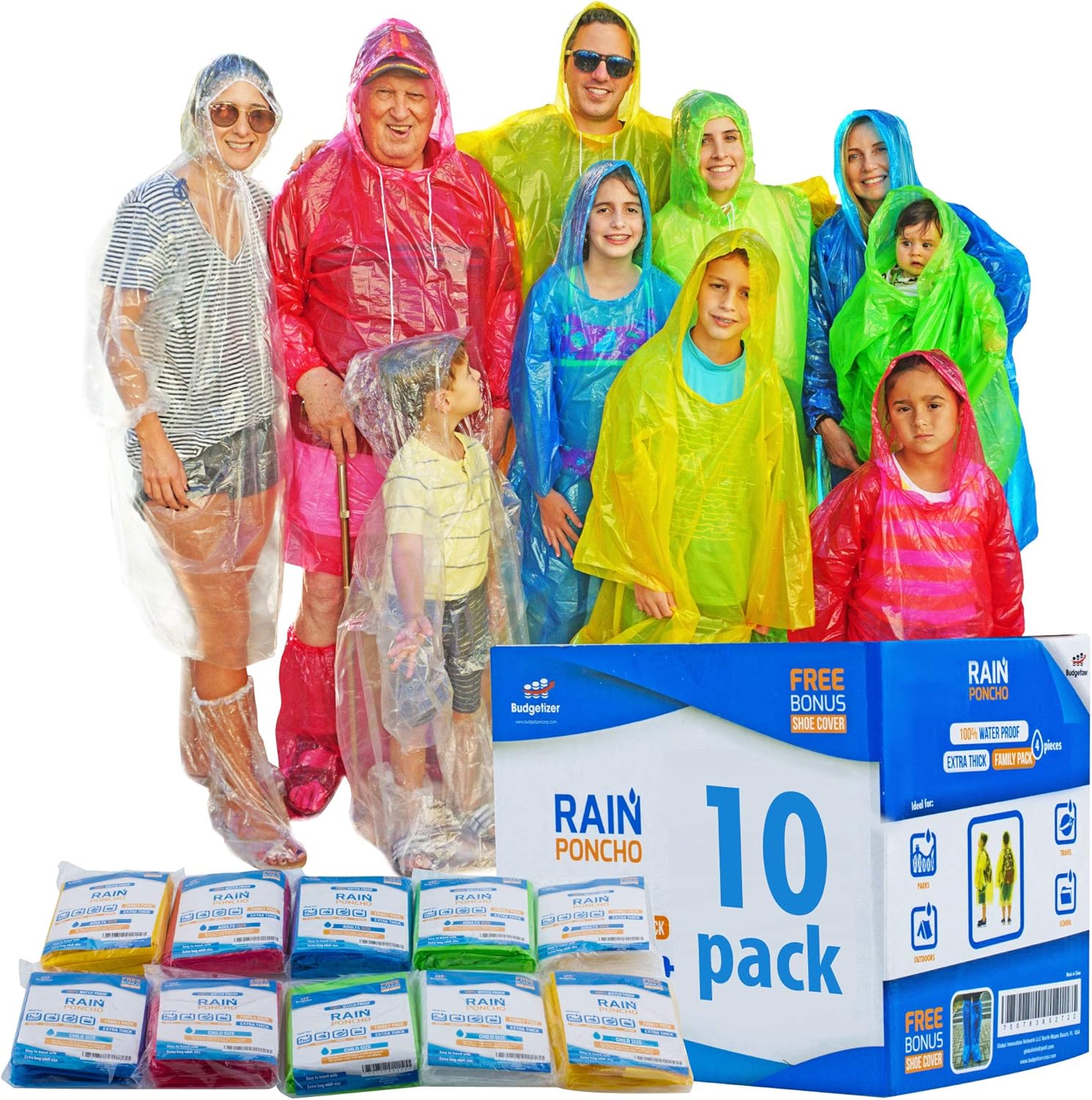 Budgetizer Rain Ponchos Family Pack Extra Thick – Shoe Covers Included ...