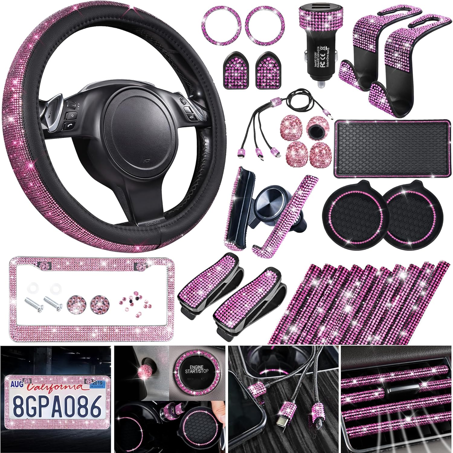 Amazon.com: CAR PASS 30 PCS Bling Pink Car Set for Women, Bling ...