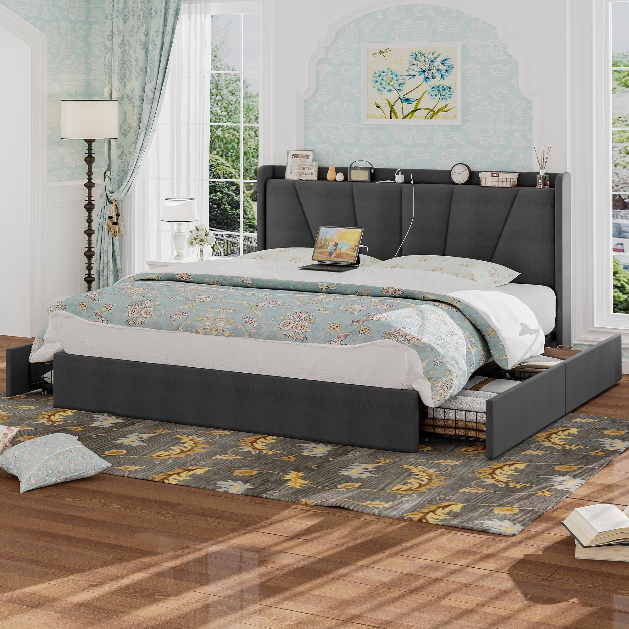 Amazon.com: LARMACE King Size Bed Frame Upholstered Platform Bed with 4 ...